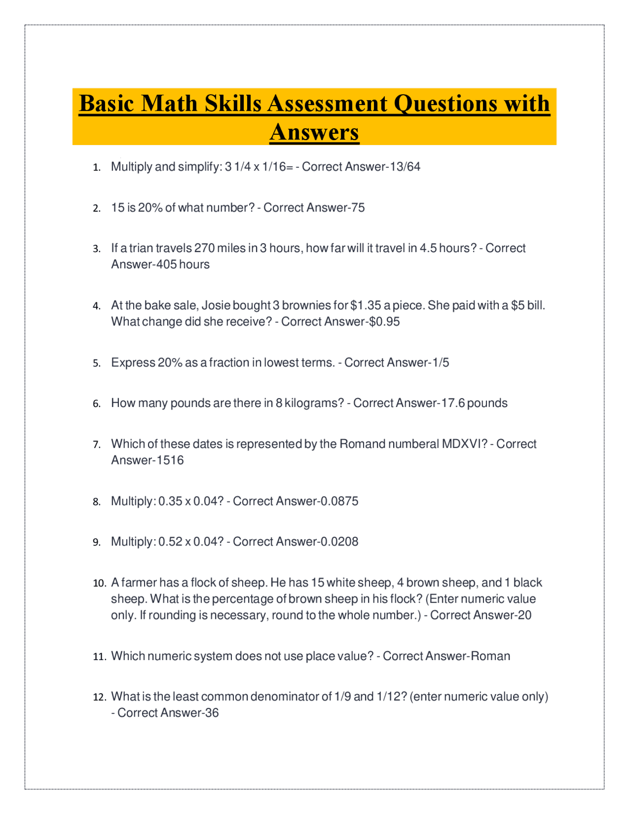 Basic Math Skills Assessment Questions with Answers | Exams Mathematics | Docsity