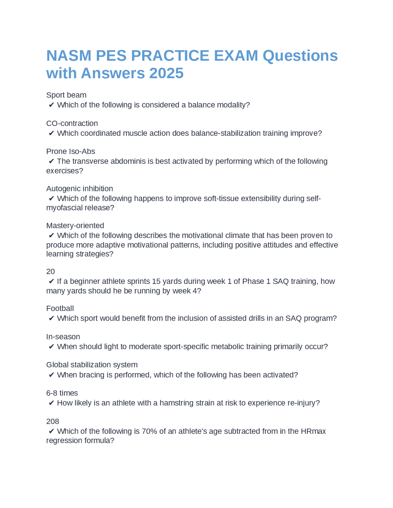 NASM PES PRACTICE EXAM Questions with Answers 2025 | Exams Physical ...