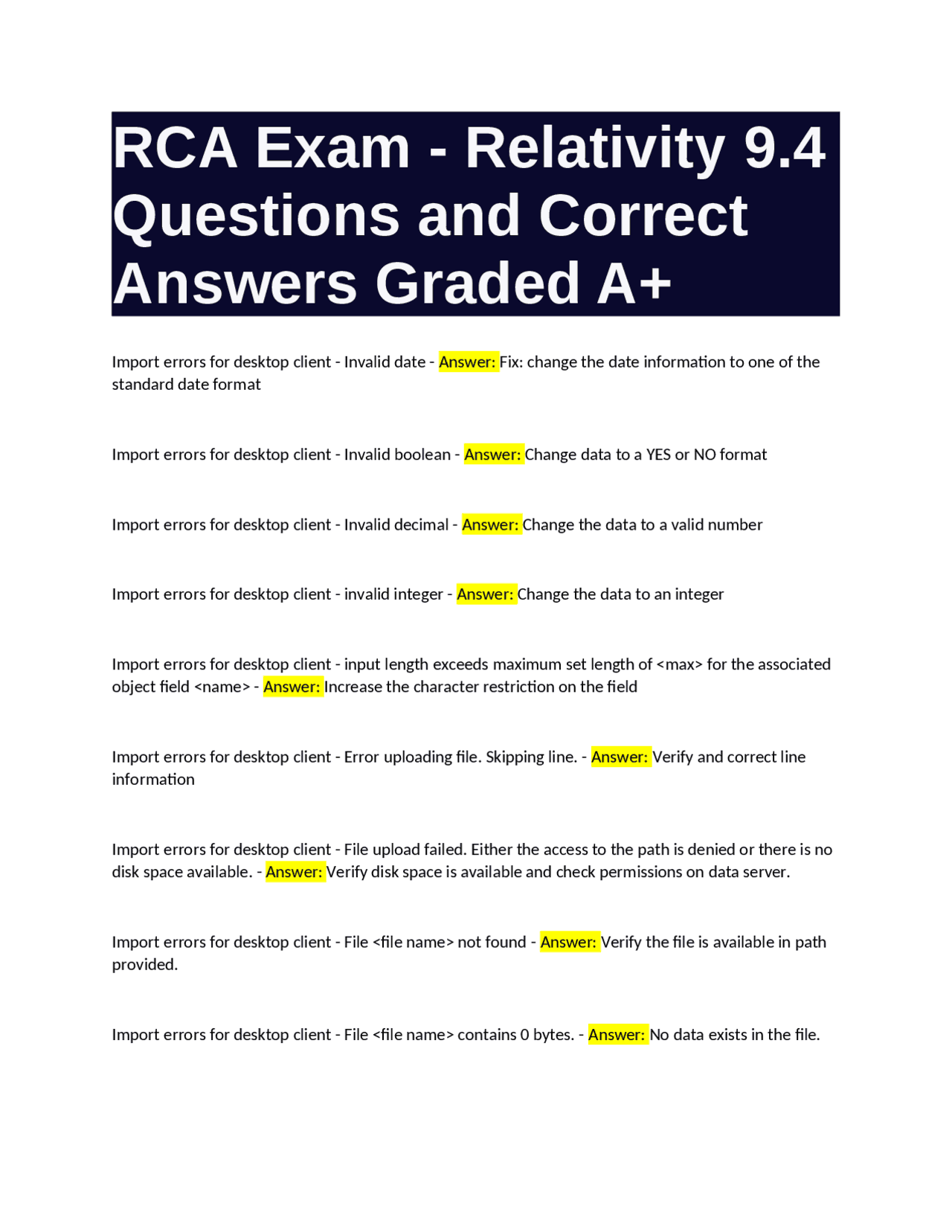 RCA Exam - Relativity 9.4 Questions and Correct Answers Graded A+ ...