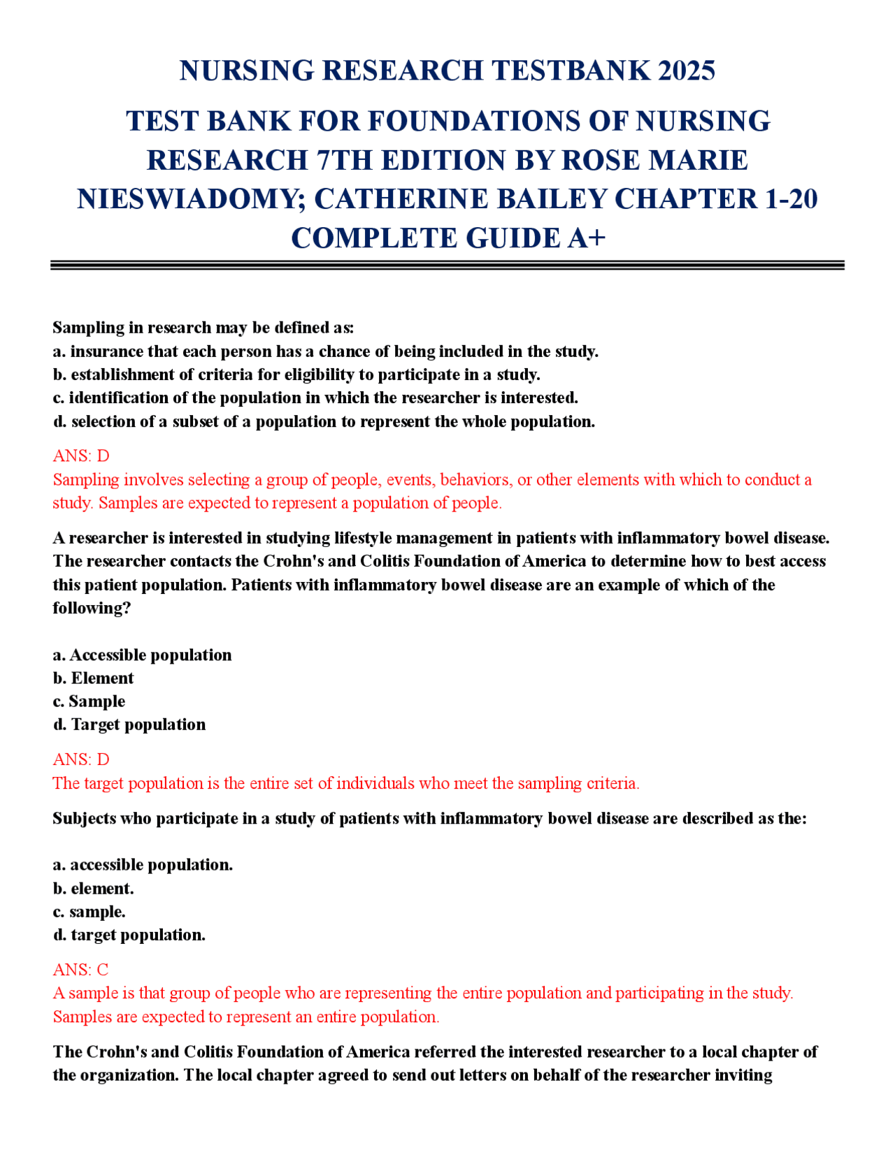 NURSING RESEARCH TESTBANK 2025 TEST BANK FOR FOUNDATIONS OF NURSING ...