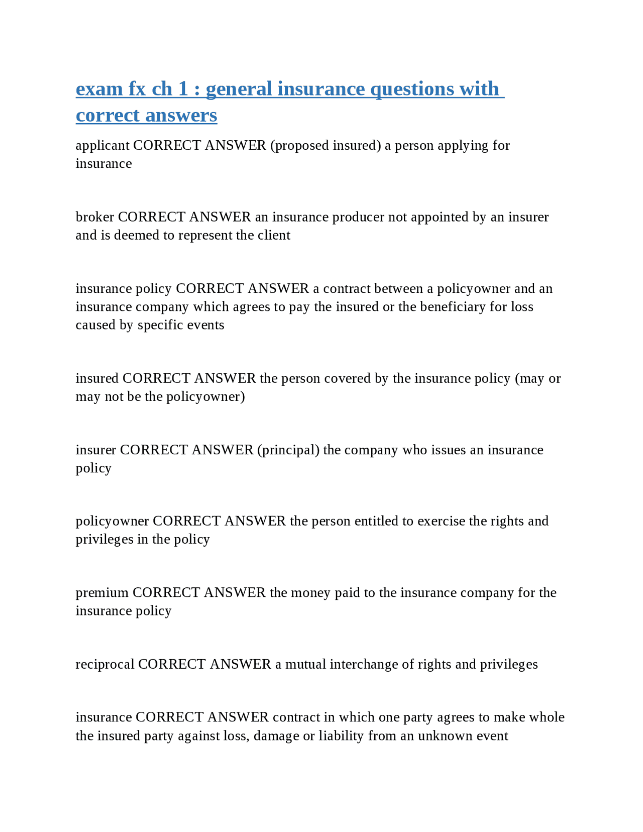 exam fx ch 1 : general insurance questions with correct answers | Exams ...