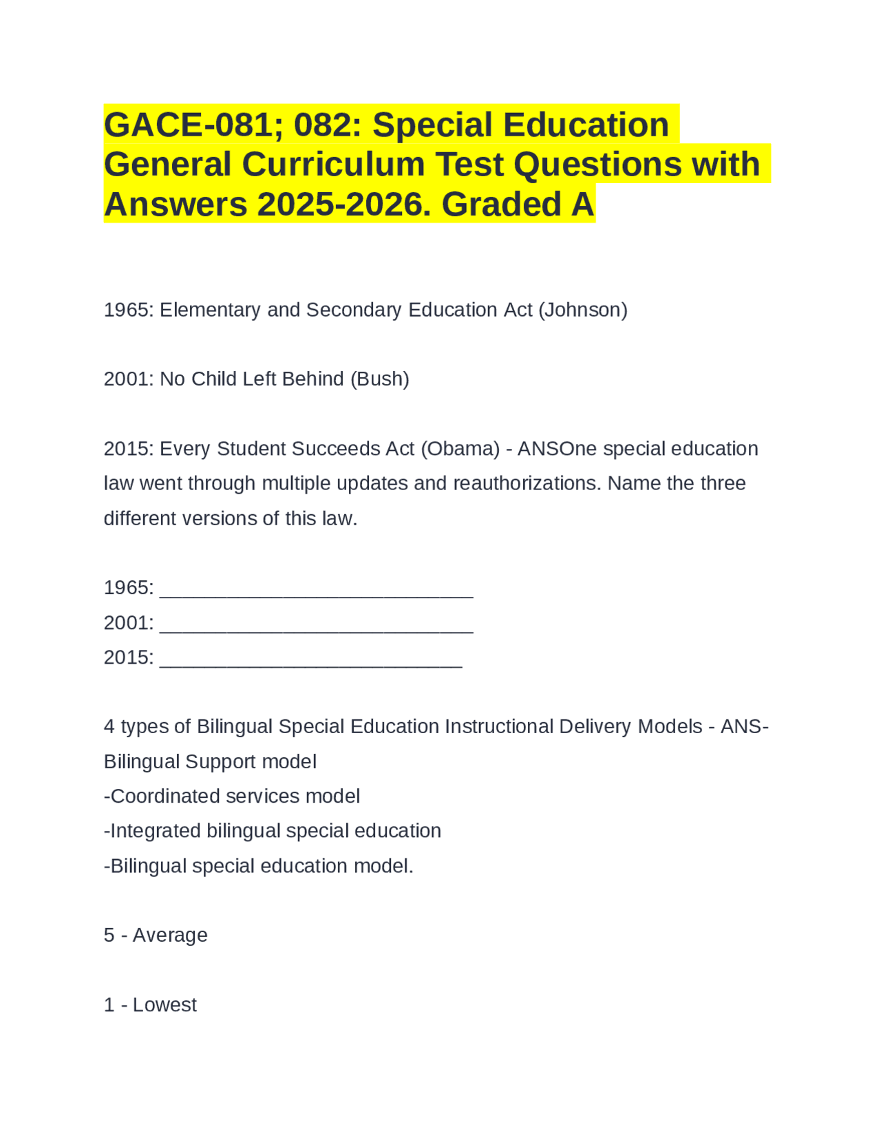 GACE-081; 082: Special Education General Curriculum Test Questions with ...