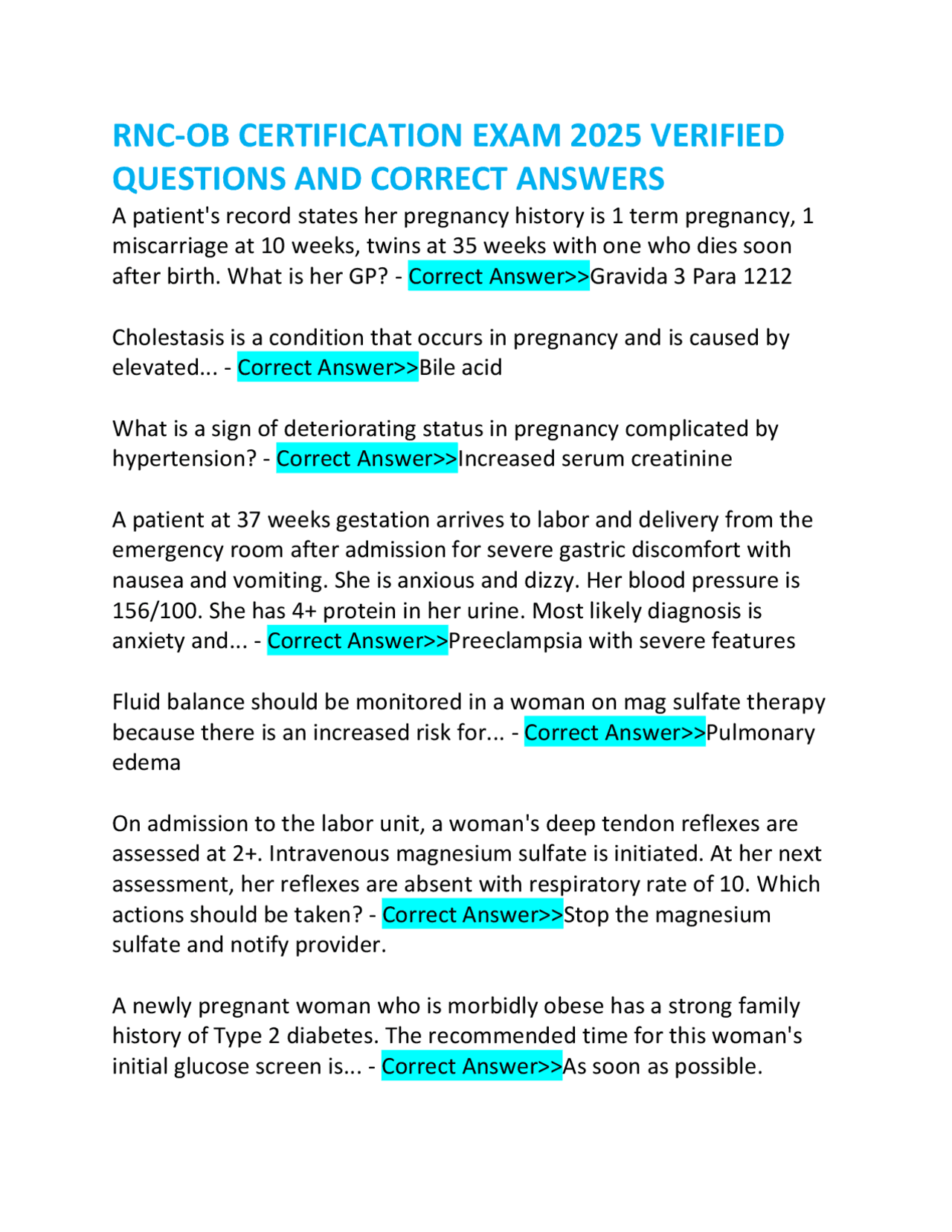 RNC-OB CERTIFICATION EXAM 2025 VERIFIED QUESTIONS AND CORRECT ANSWERS ...