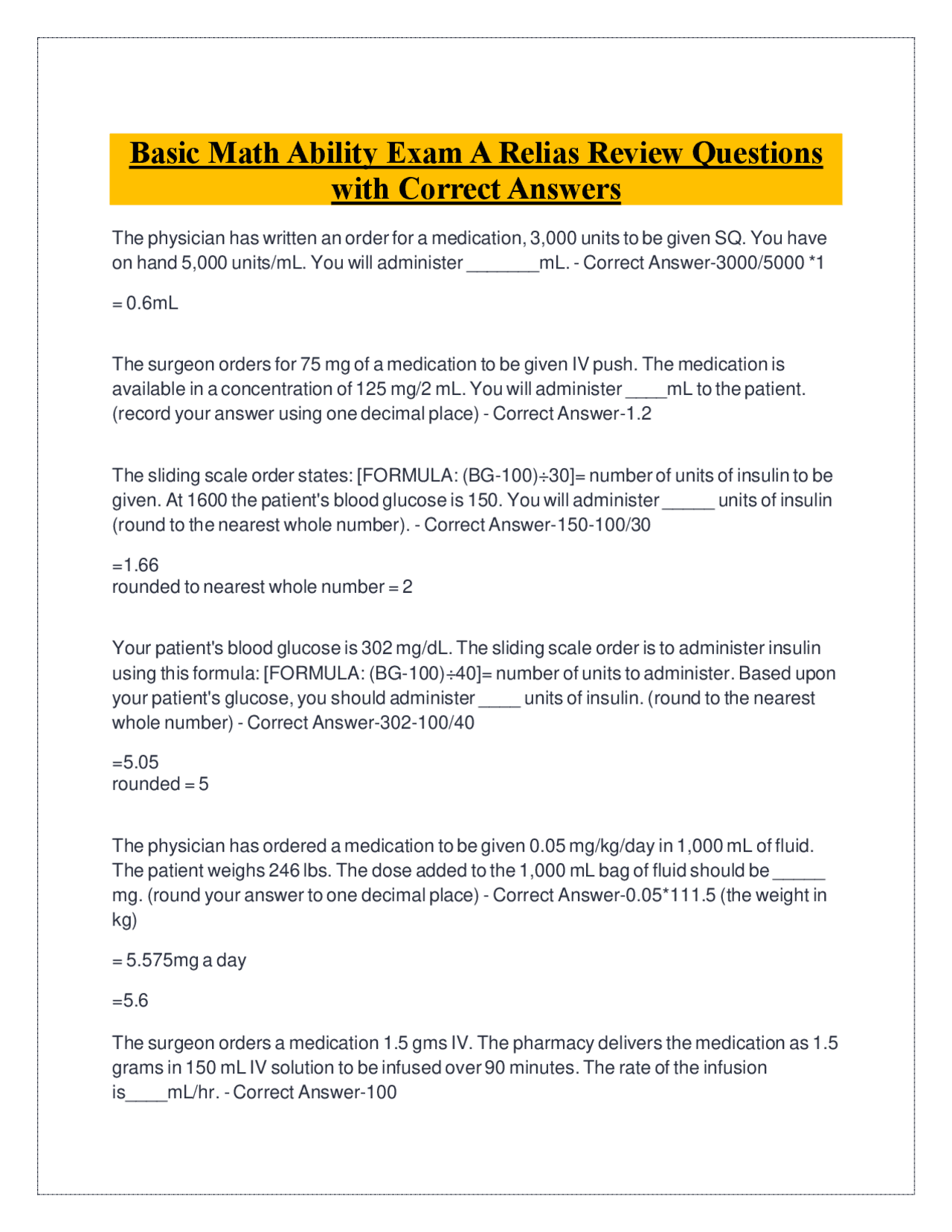 Basic Math Ability Exam A Relias Review Questions with Correct Answers ...