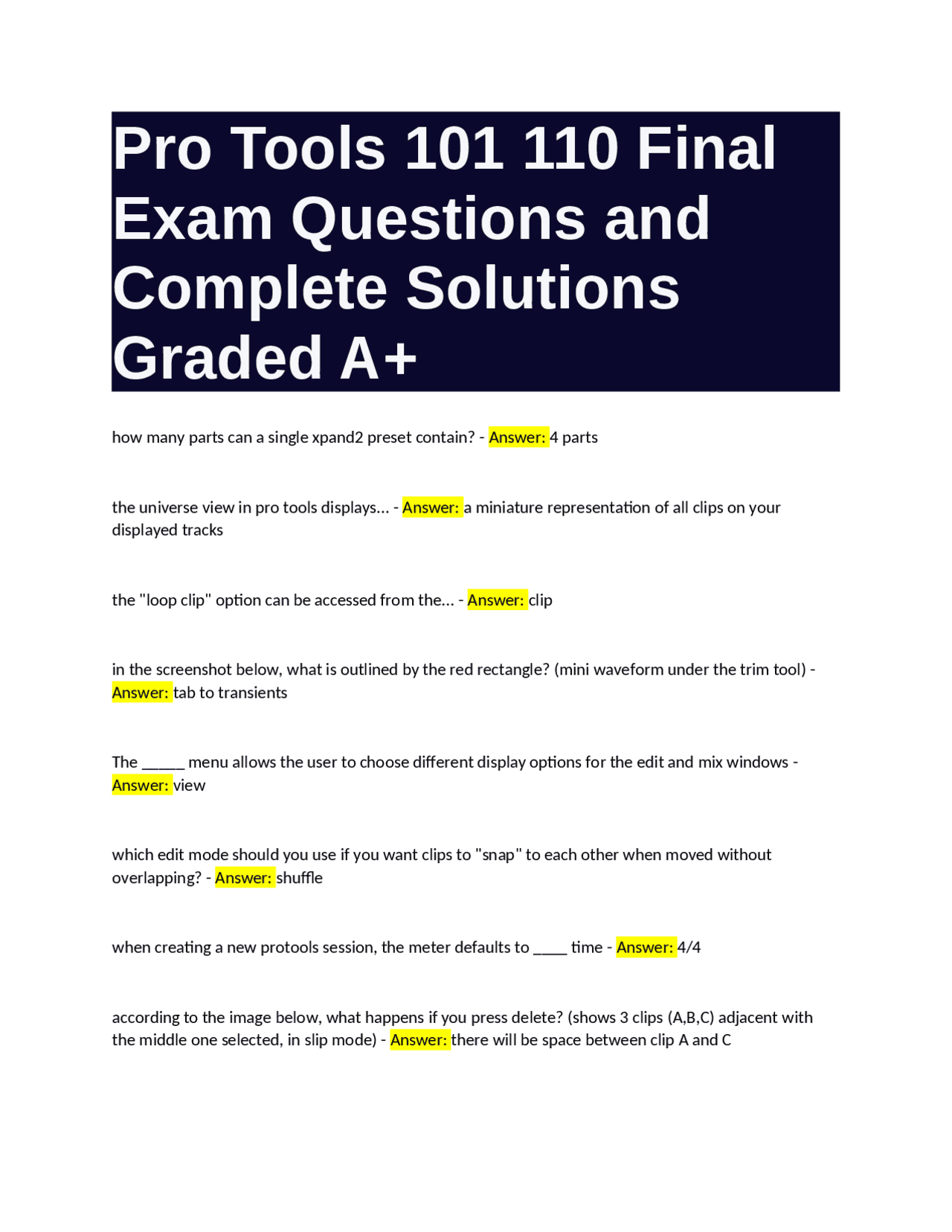 Pro Tools 101 110 Final Exam Questions and Complete Solutions Graded A+ | Exams Computer Science ...