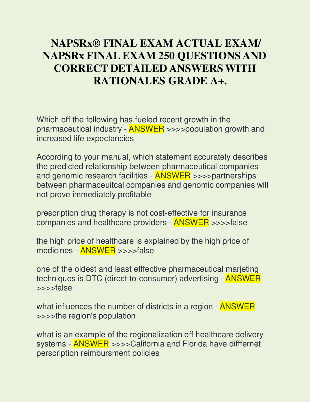 NAPSRx® Final Exam: Pharmaceutical Industry and Drug Administration ...