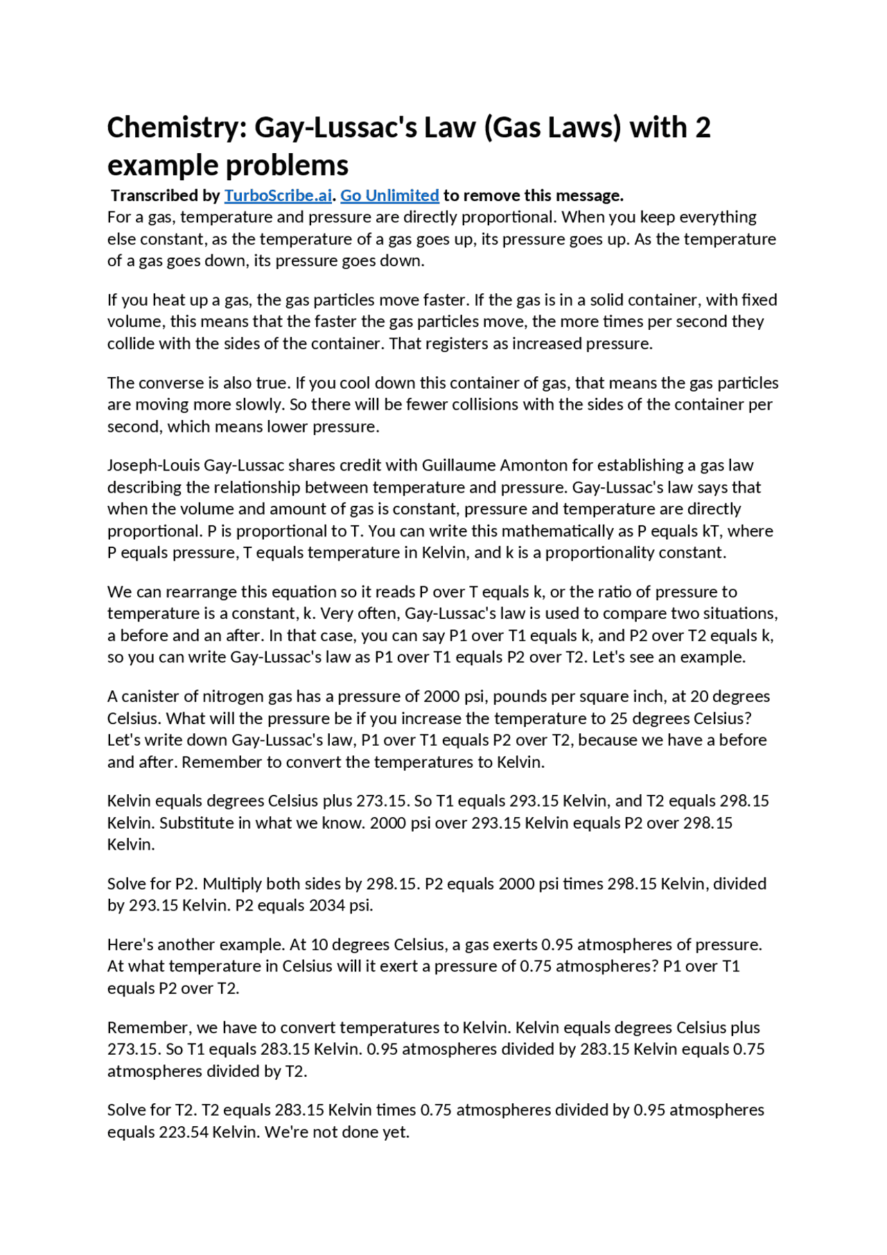 Chemistry: Gay-Lussac's Law (Gas Laws) with 2 example problems ...