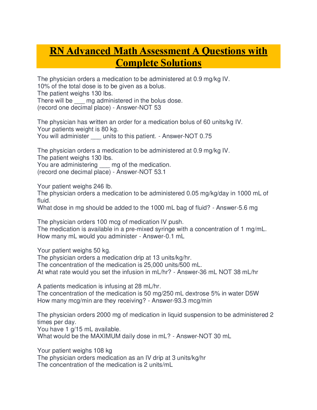 RN Advanced Math Assessment A Questions with Complete Solutions | Exams ...