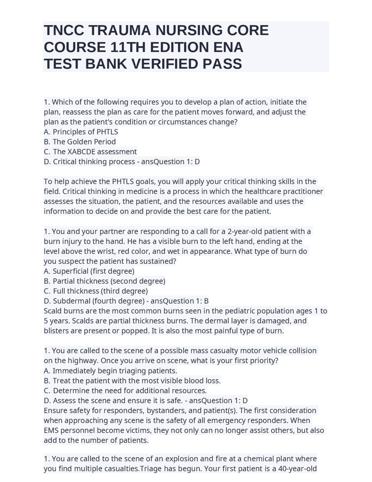 TNCC TRAUMA NURSING CORE COURSE 11TH EDITION ENA TEST BANK VERIFIED ...