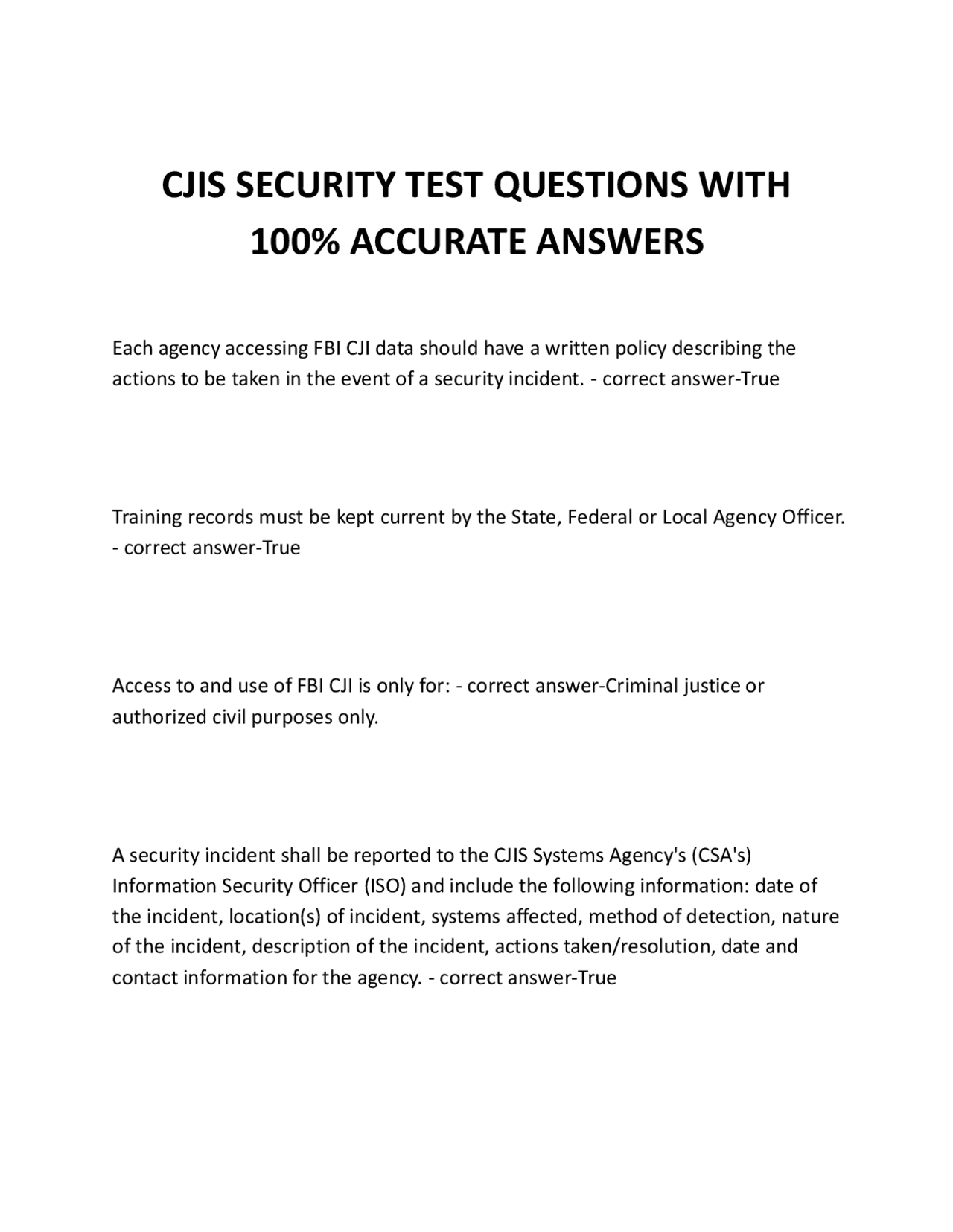 CJIS Security Test Questions and Answers | Exams Nursing | Docsity