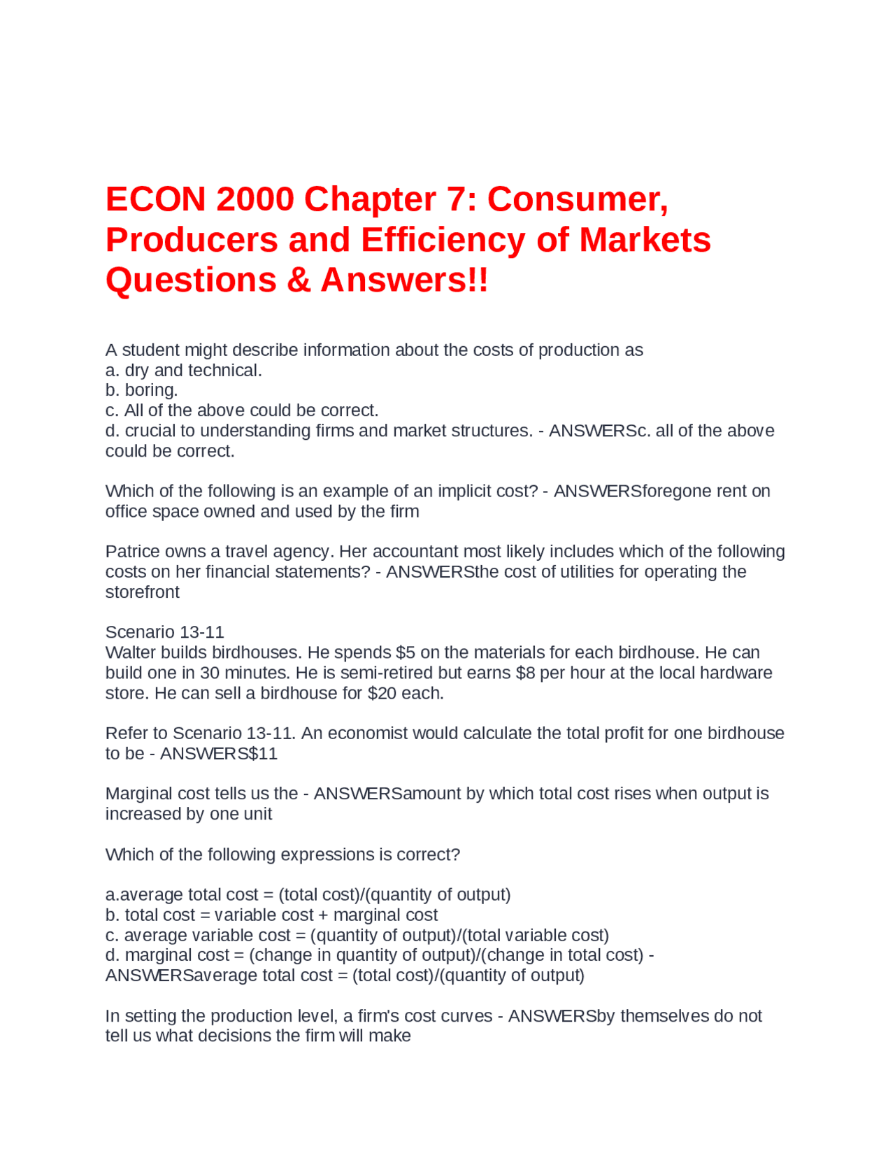 ECON 2000 Chapter 7: Consumer, Producers and Efficiency of Markets ...