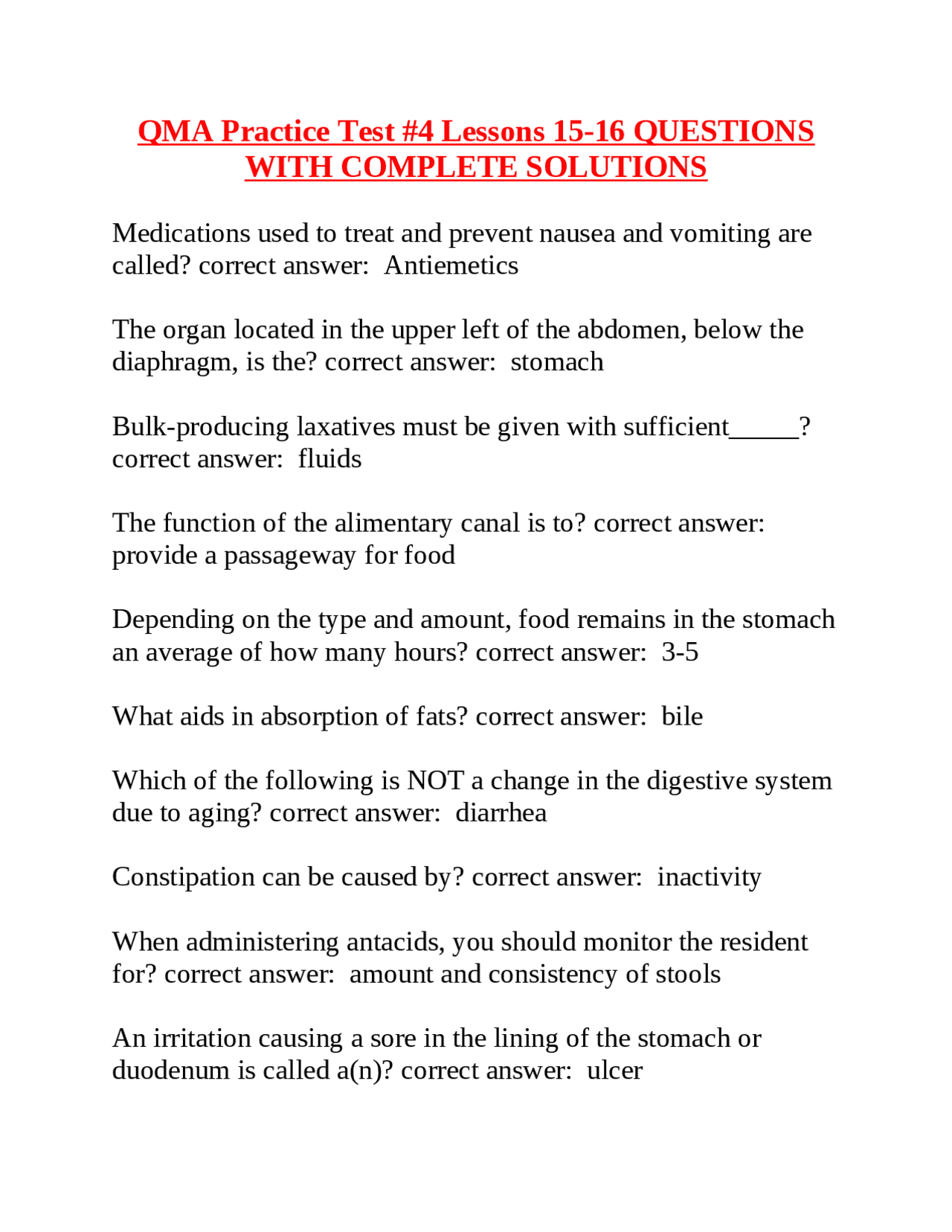 QMA Practice Test #4 Lessons 15-16 QUESTIONS WITH COMPLETE SOLUTIONS ...