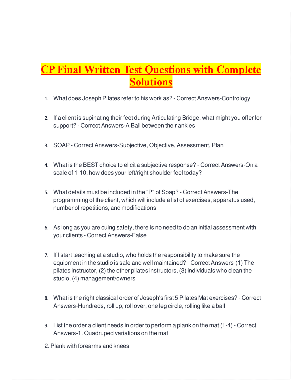 CP Final Written Test Questions with Complete Solutions | Exams Nursing ...