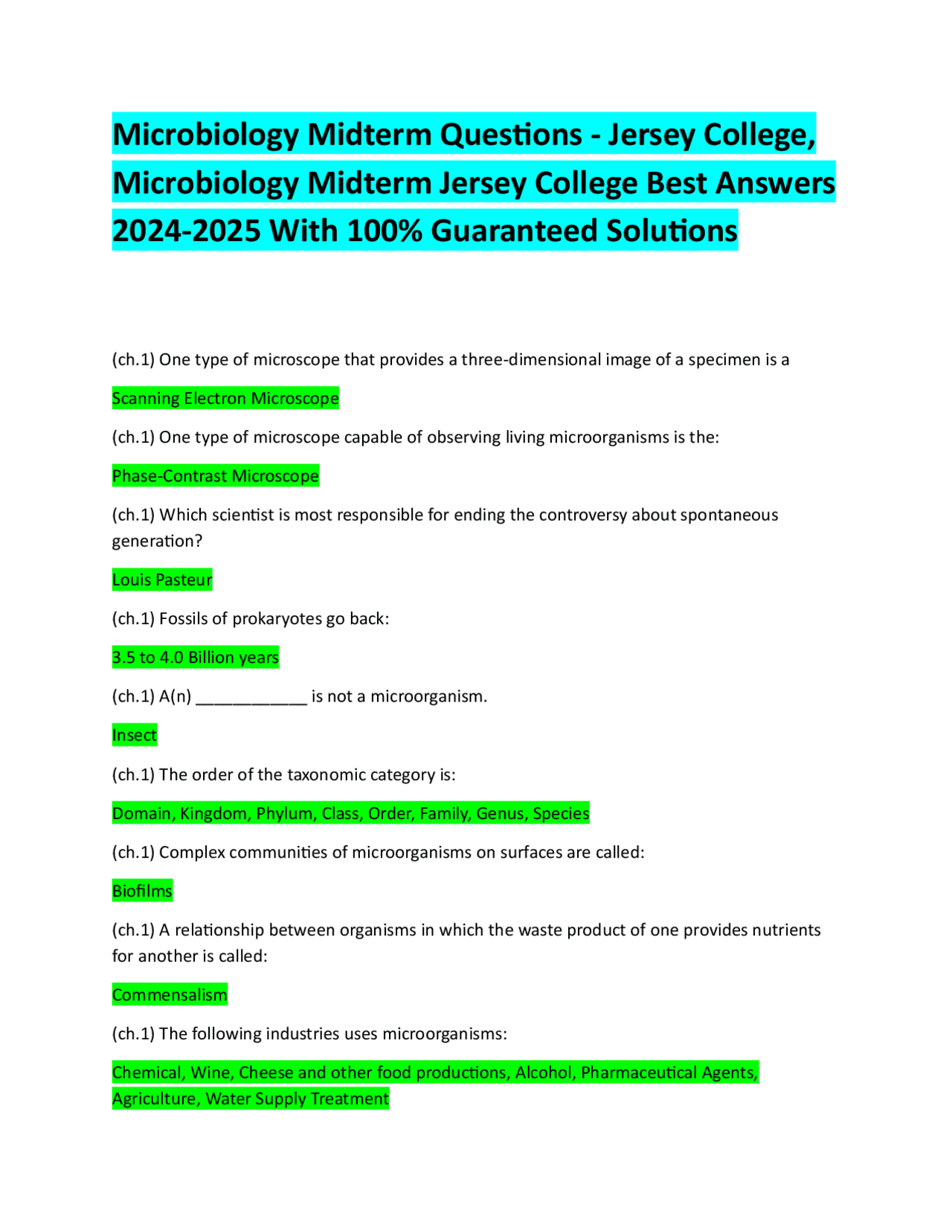 Microbiology Midterm Questions - Jersey College, Microbiology Midterm ...