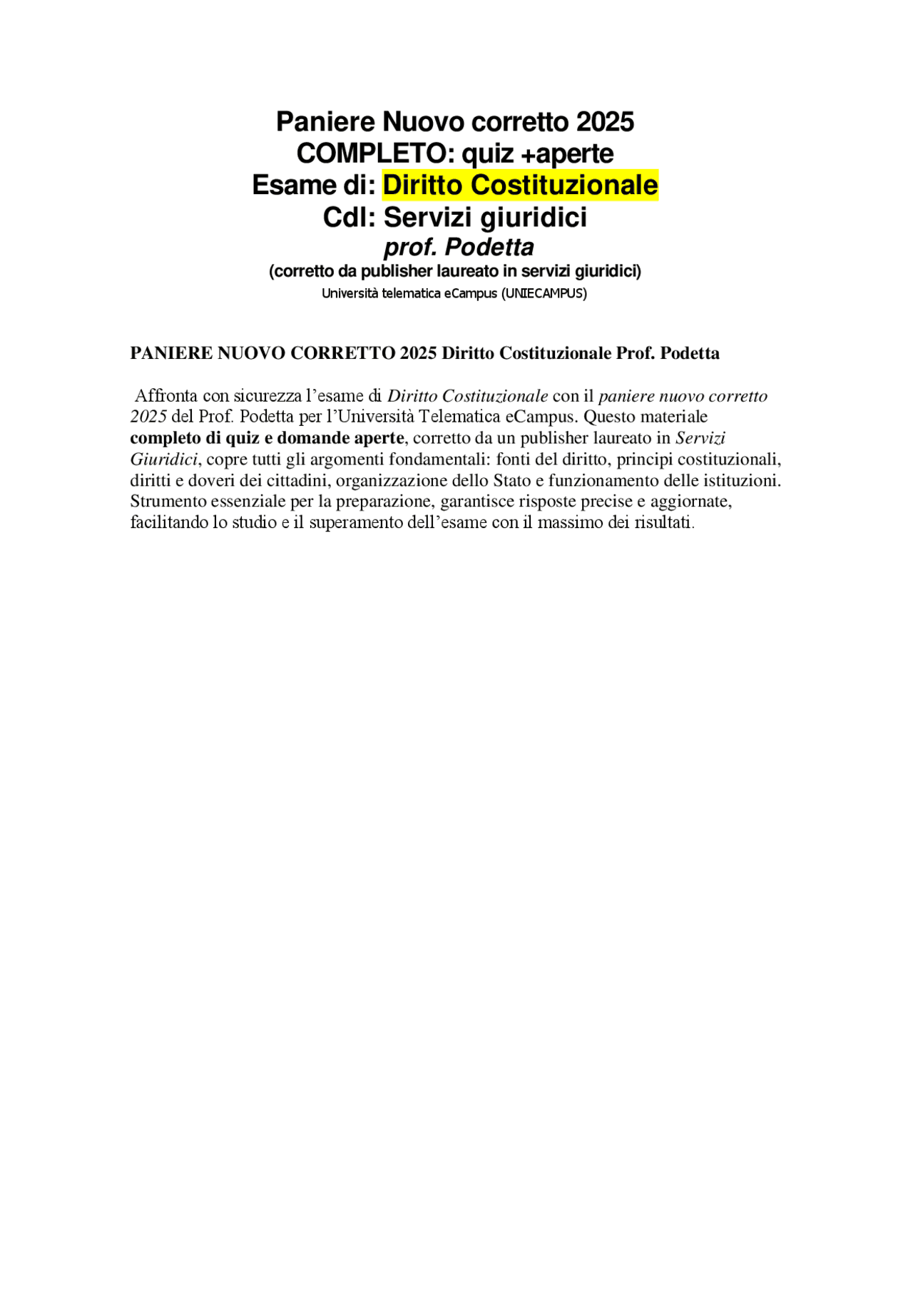 PANIERE NUOVO CORRETTO 2025 Diritto Costituzionale Prof. Podetta ...