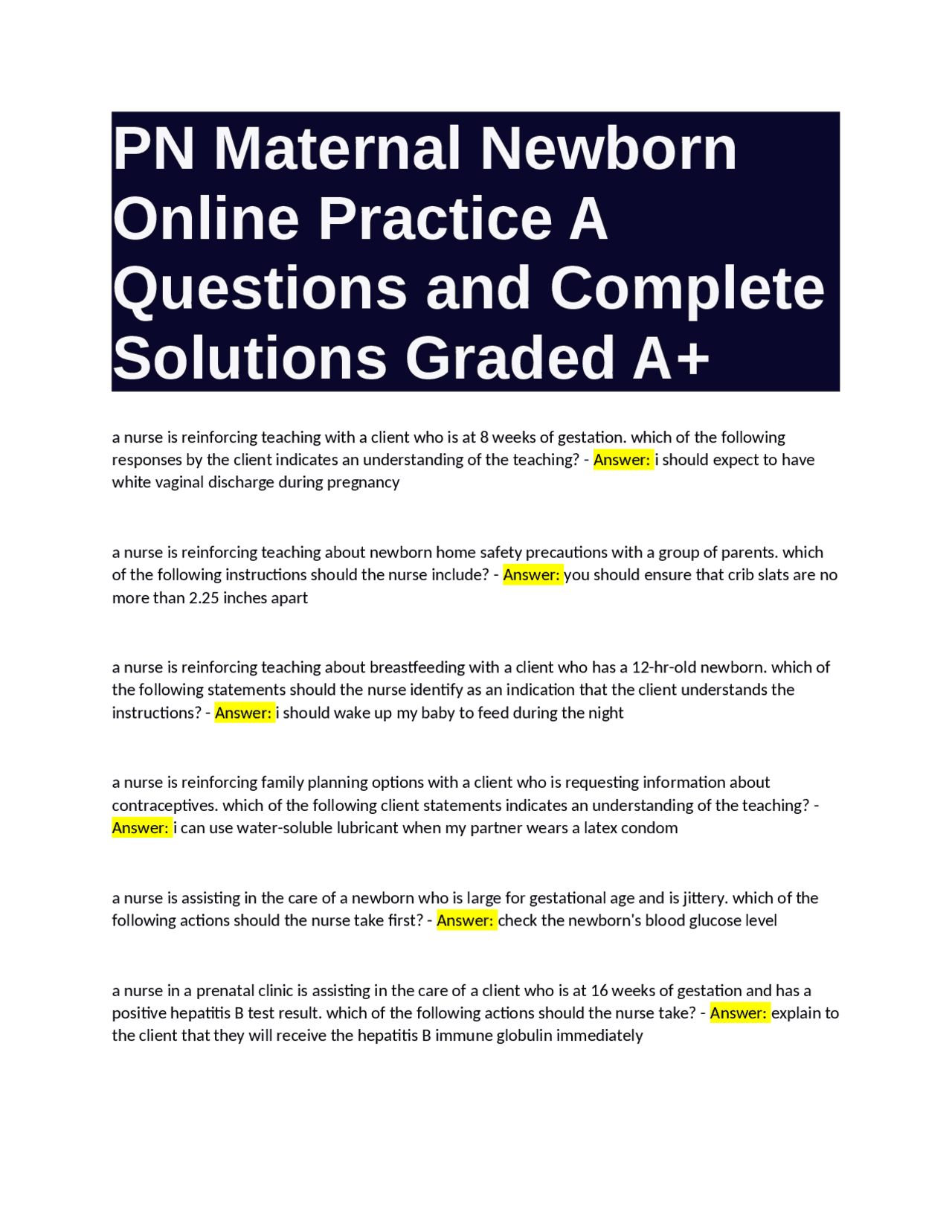 PN Maternal Newborn Practice B Questions and Complete Solutions Graded ...