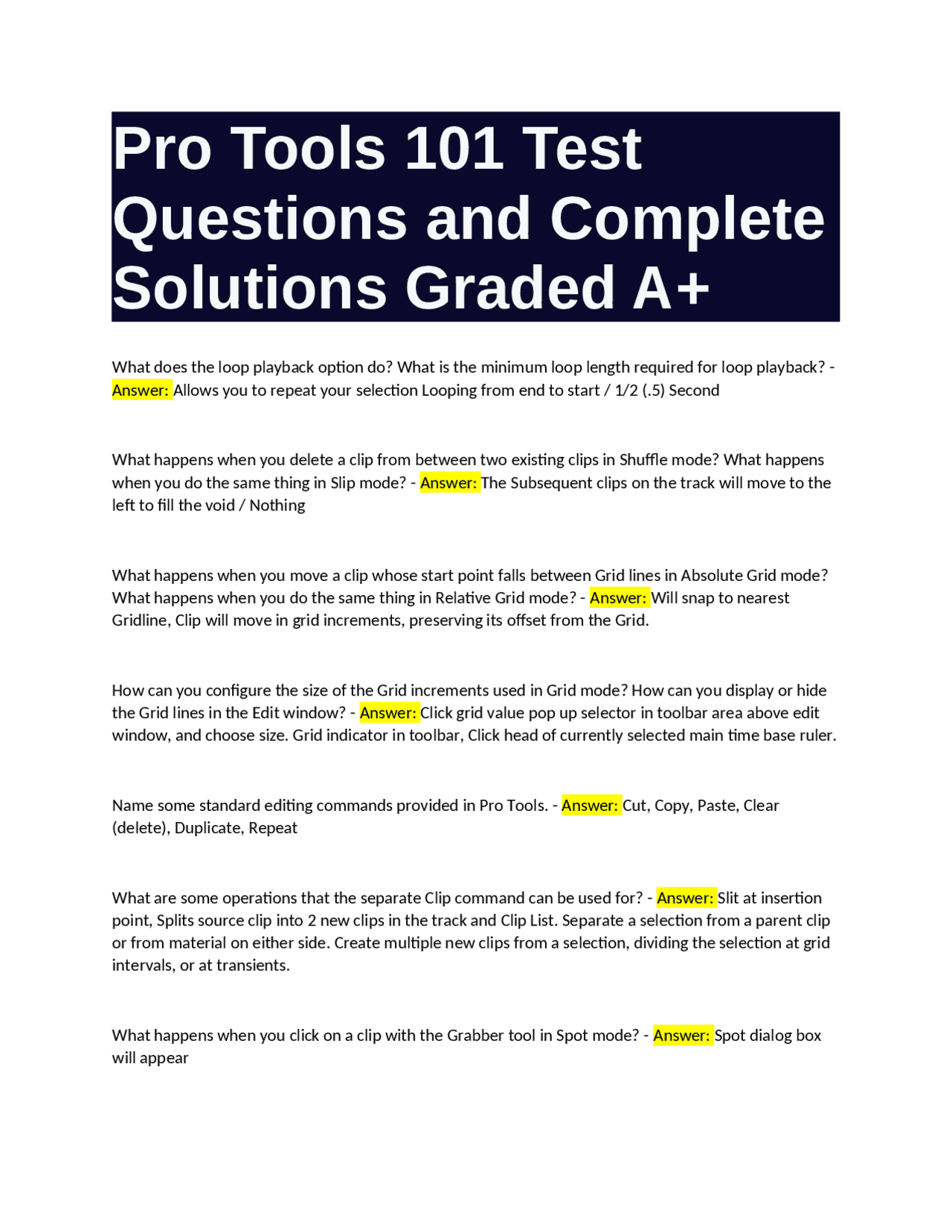 Pro Tools 101 Test Questions and Complete Solutions Graded A+ | Exams ...