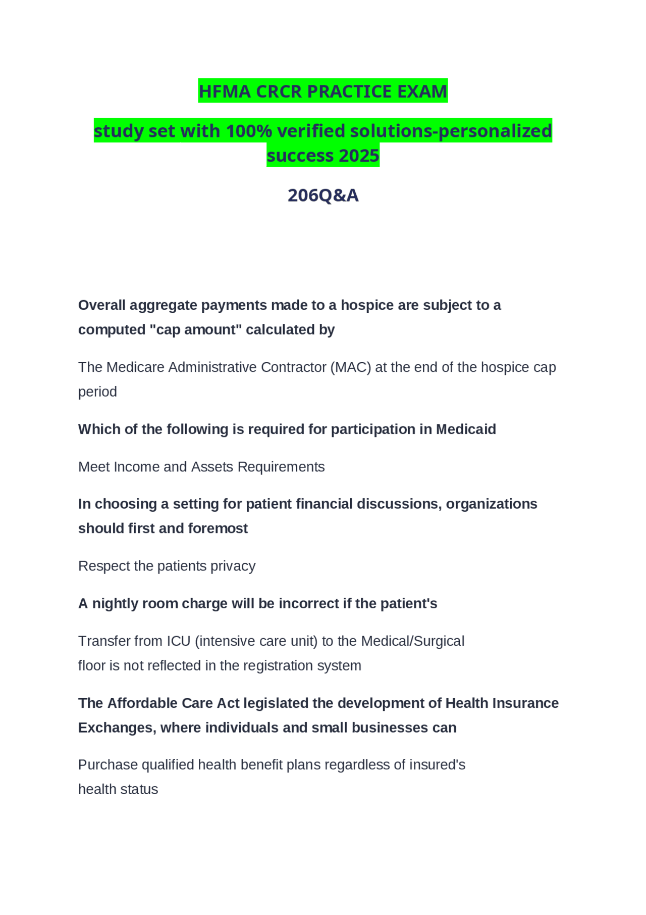 HFMA CRCR PRACTICE EXAM study set with 100% verified solutions-personalized success 2025 | Exams ...