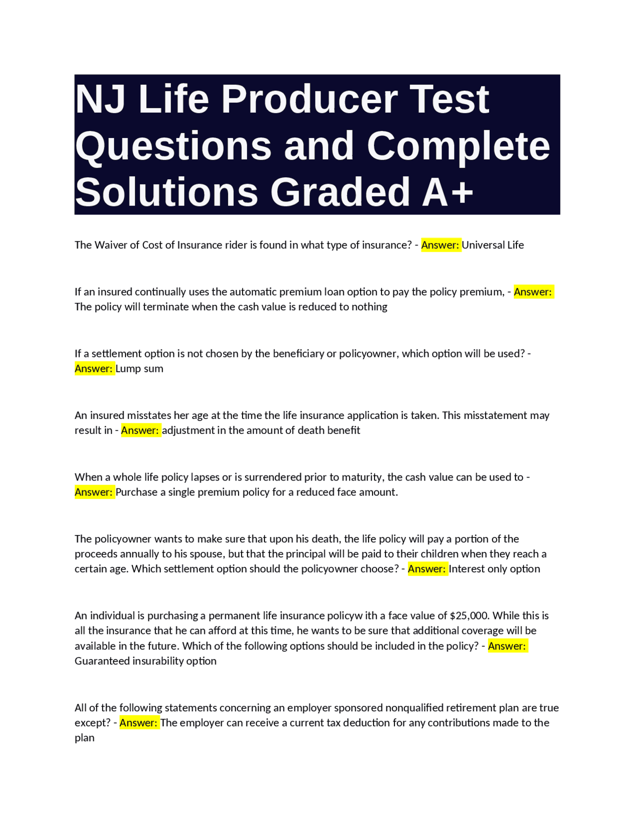 NJ Life Producer Test Questions and Complete Solutions Graded A+ ...