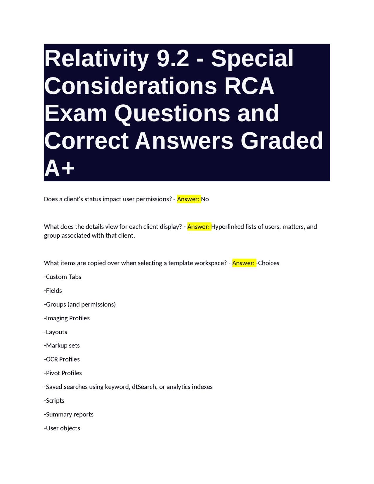 Relativity 9.2 - Special Considerations RCA Exam Questions and Correct ...