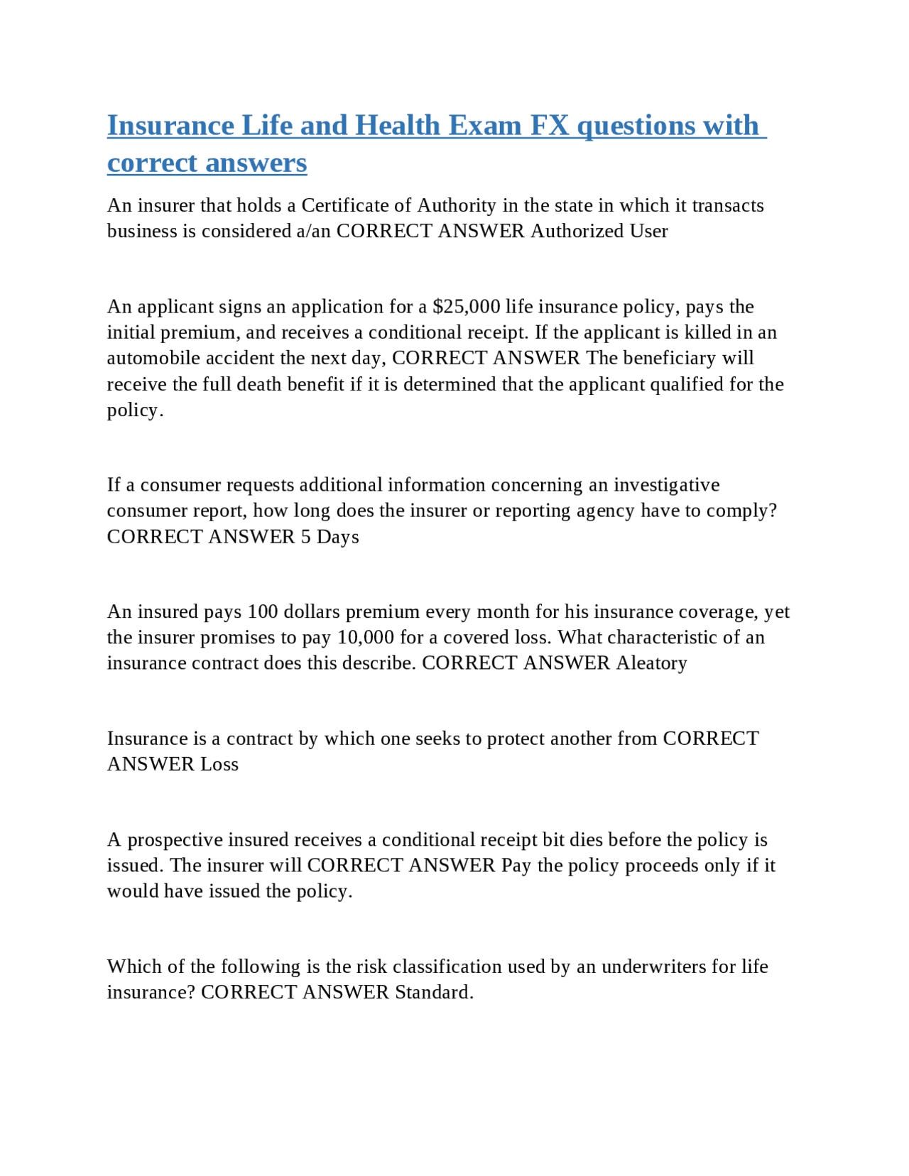 Insurance Life and Health Exam FX questions with correct answers ...