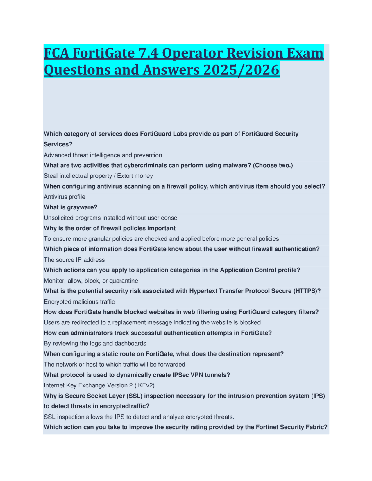 FCA FortiGate 7.4 Operator Revision Exam Questions and Answers 2025/ ...