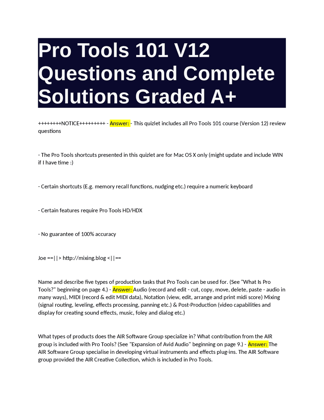 Pro Tools 101 V12: Questions and Answers | Exams Computer Science | Docsity