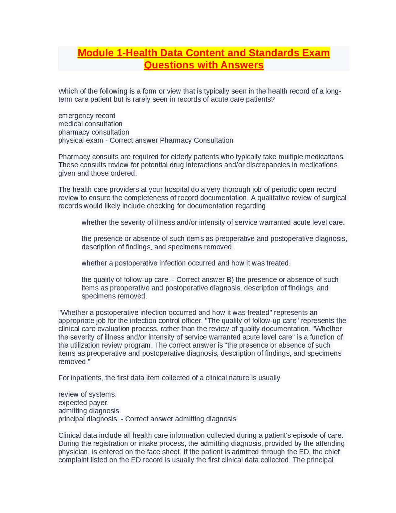Module 1-Health Data Content and Standards Exam Questions with Answers ...