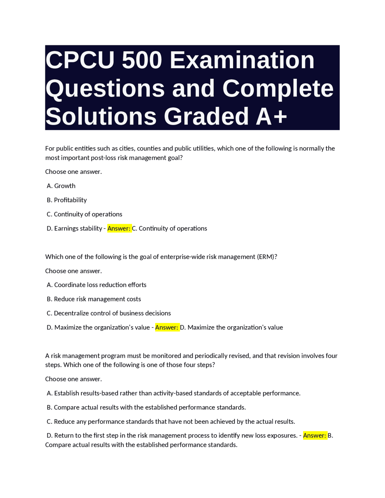 CPCU 500 Examination Questions with Complete Solutions Graded A+ ...