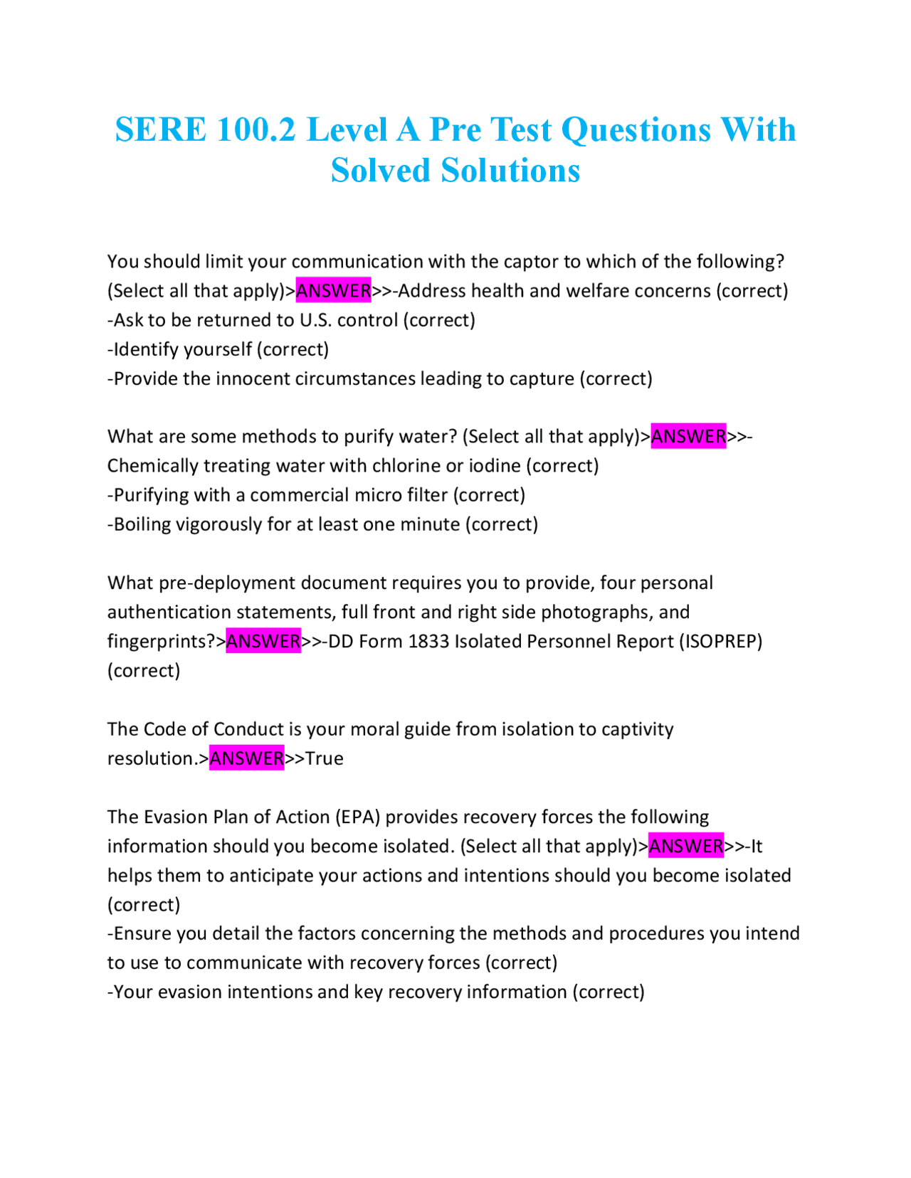 SERE 100.2 Level A Pre Test Questions With Solved Solutions | Exams ...