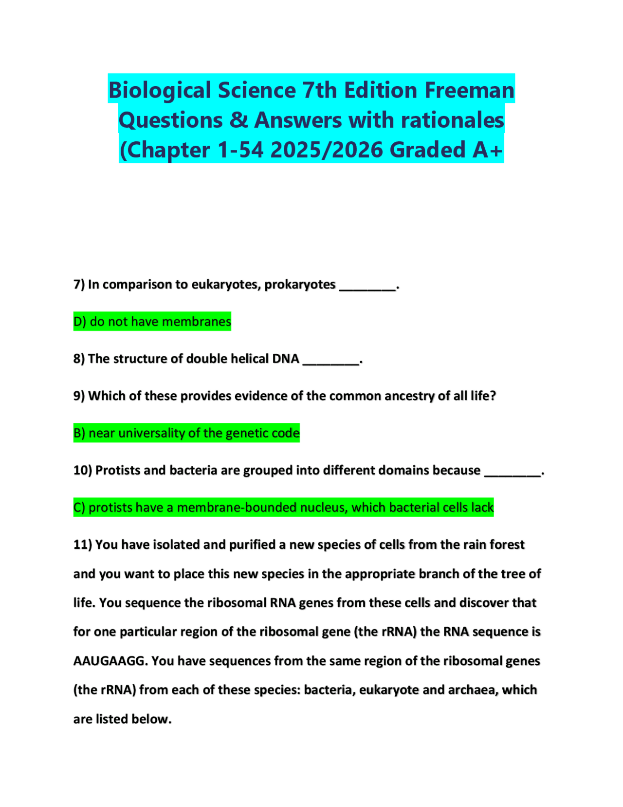 Biological Science 7th Edition Freeman Questions & Answers with rationales (Chapter 1-54 | Exams ...