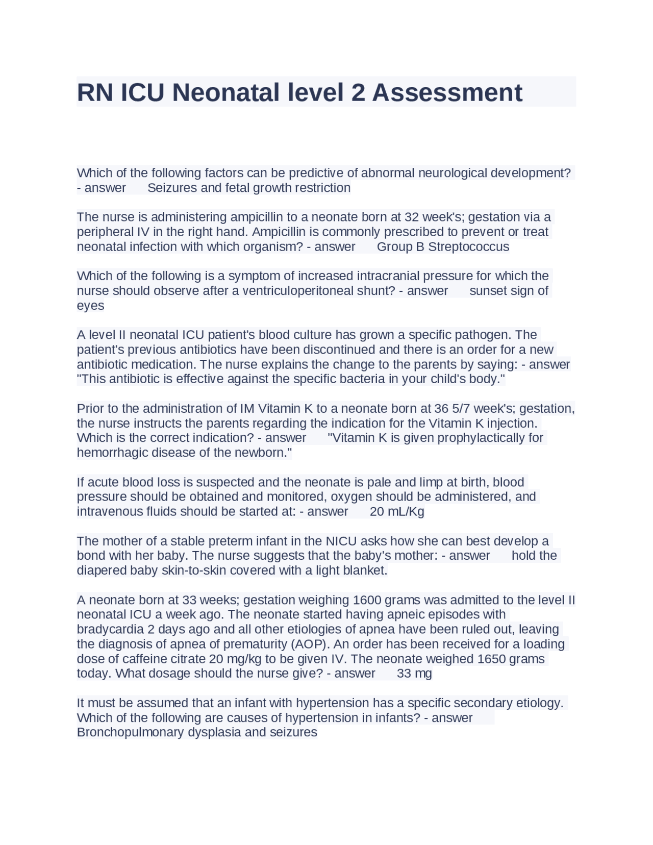 Neonatal Intensive Care Unit (NICU) Assessment Questions and Answers ...