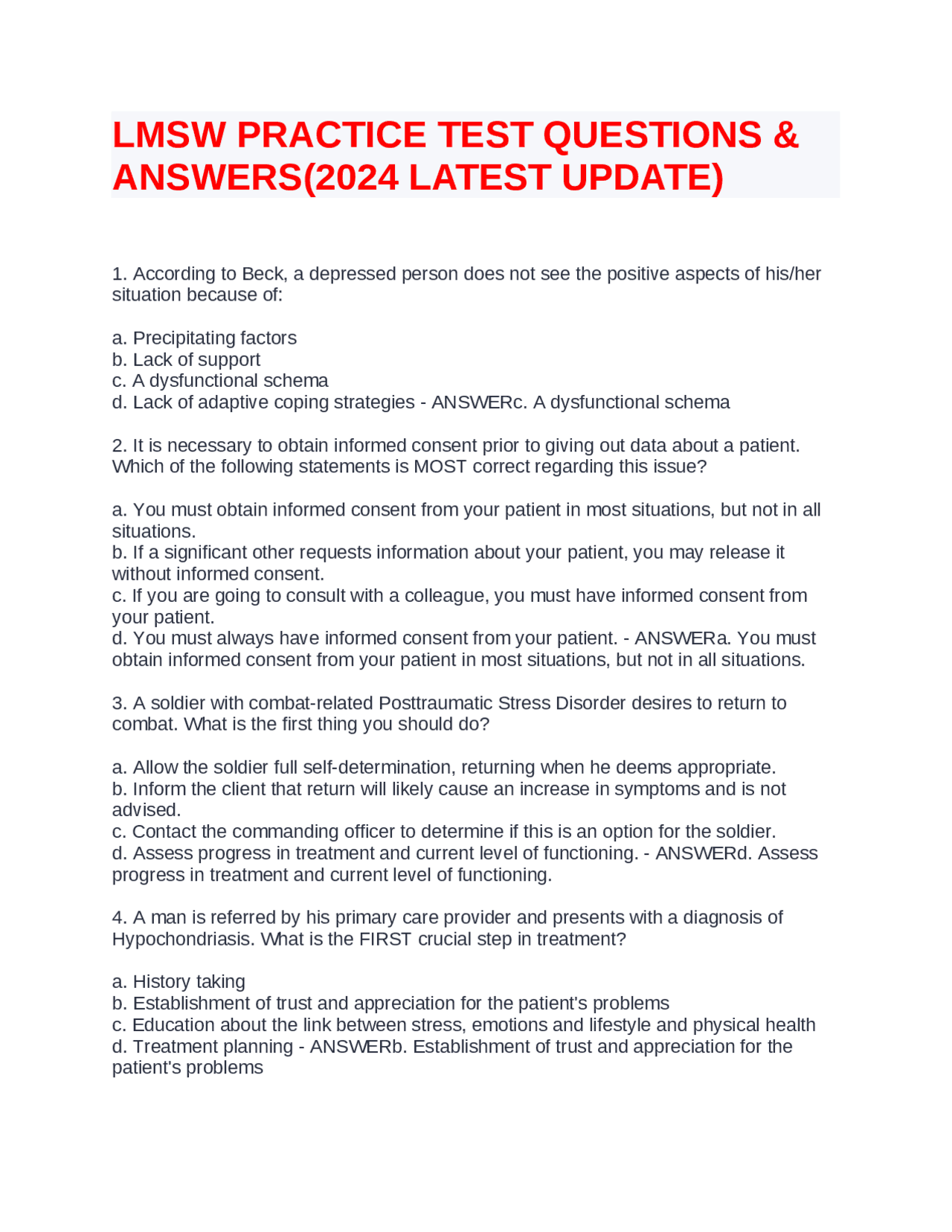 LMSW PRACTICE TEST QUESTIONS & ANSWERS(2024 LATEST UPDATE) | Exams ...