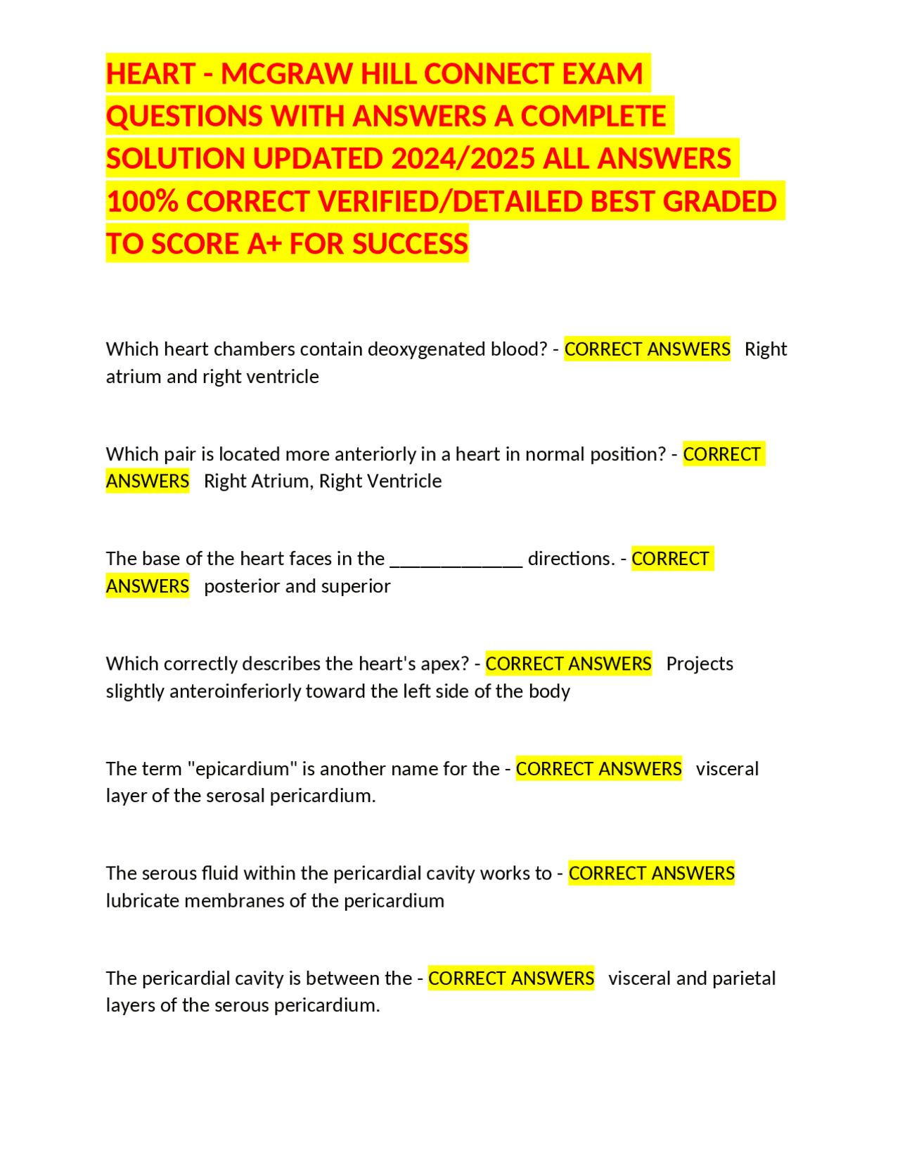 HEART - MCGRAW HILL CONNECT EXAM QUESTIONS WITH ANSWERS A COMPLETE ...