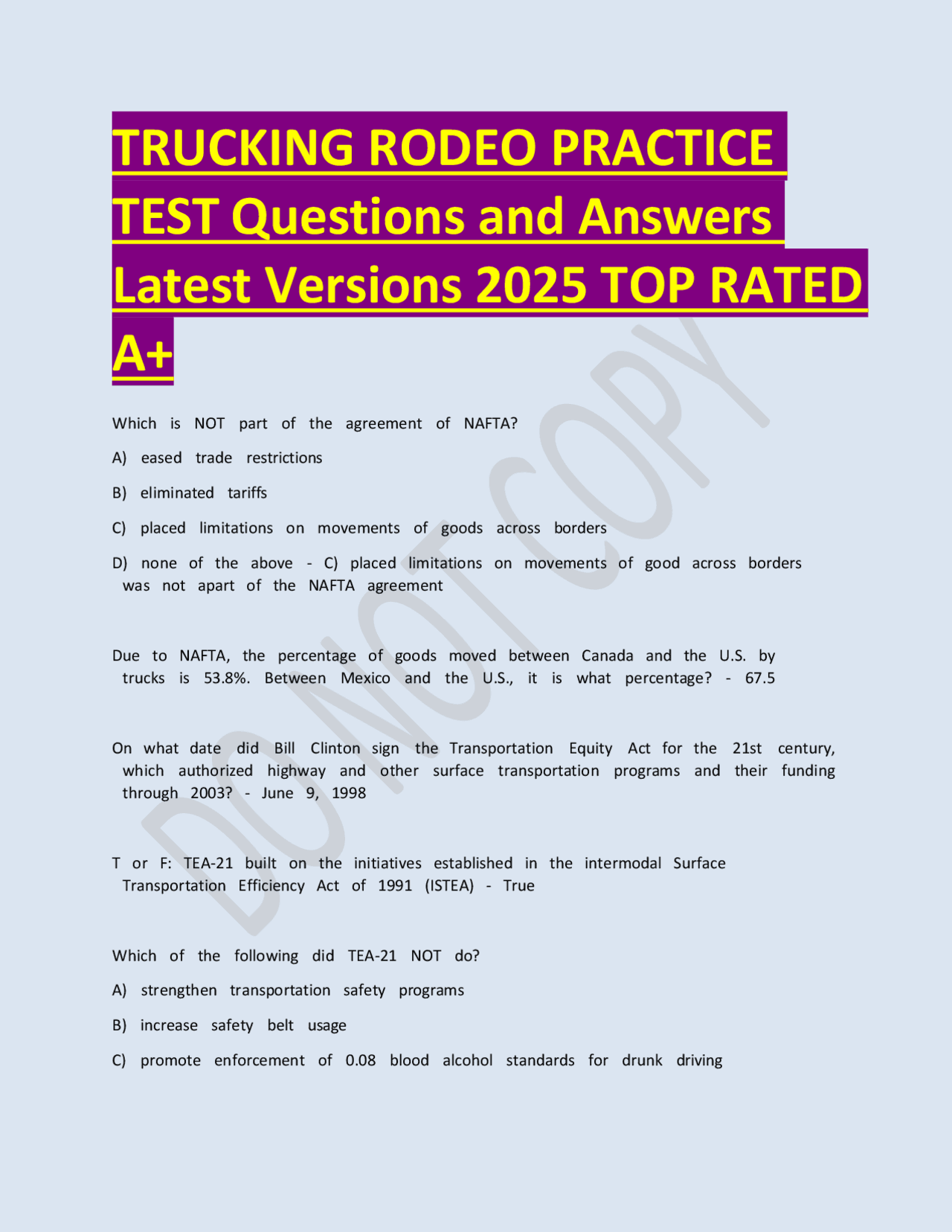 TRUCKING RODEO PRACTICE TEST Questions and Answers Latest Versions 2025 ...