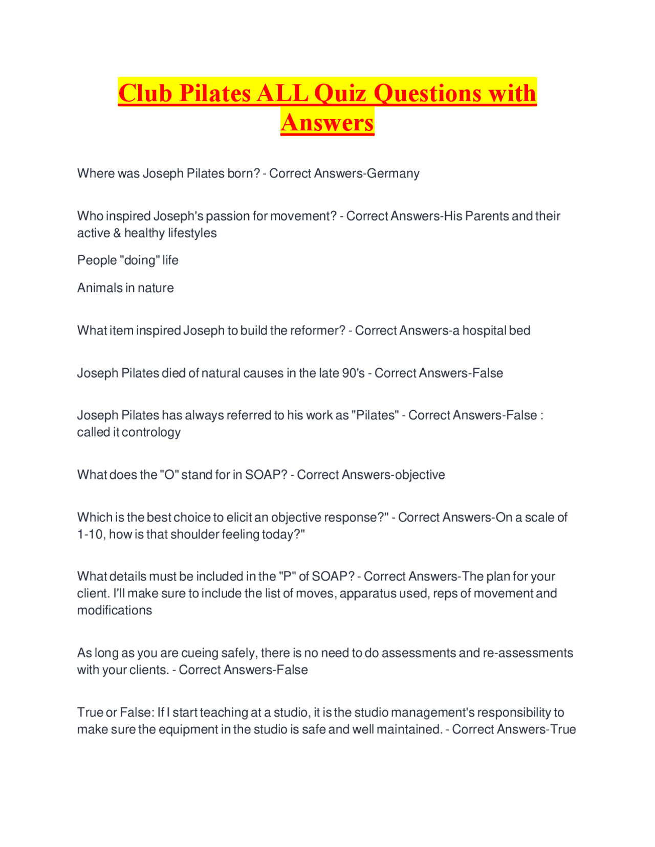 Club Pilates ALL Quiz Questions with Answers | Exams Nursing | Docsity