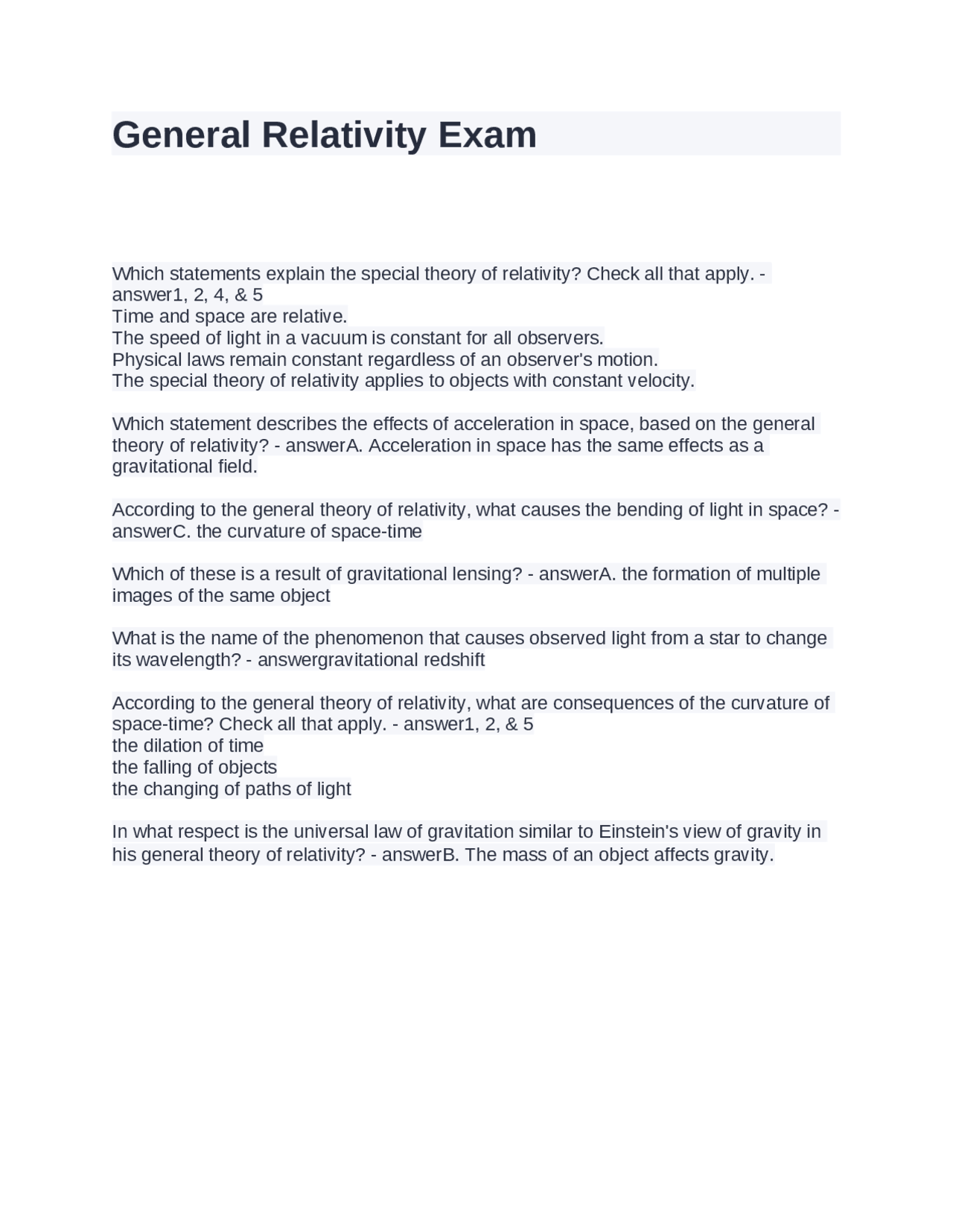 General Relativity Exam: Multiple Choice Questions | Exams Advanced ...