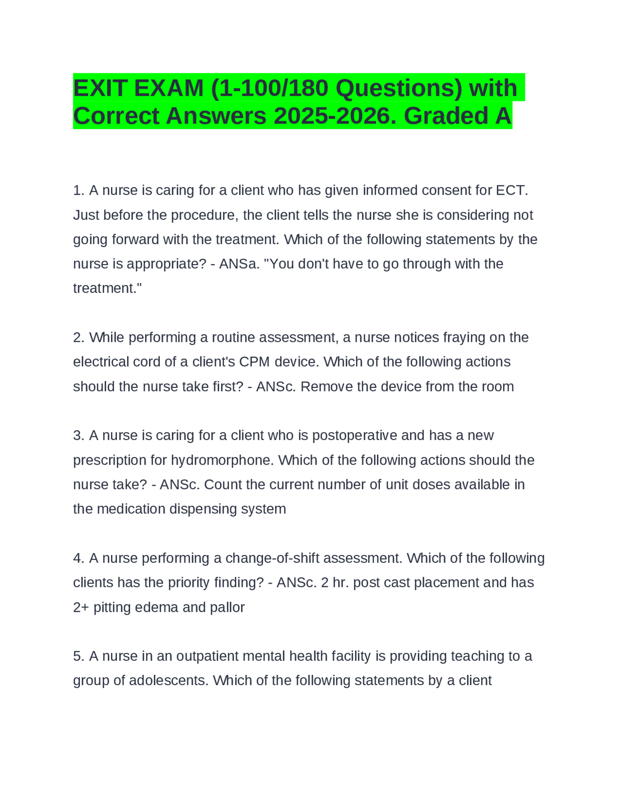 EXIT EXAM (1-100/180 Questions) with Correct Answers 2025-2026. Graded ...