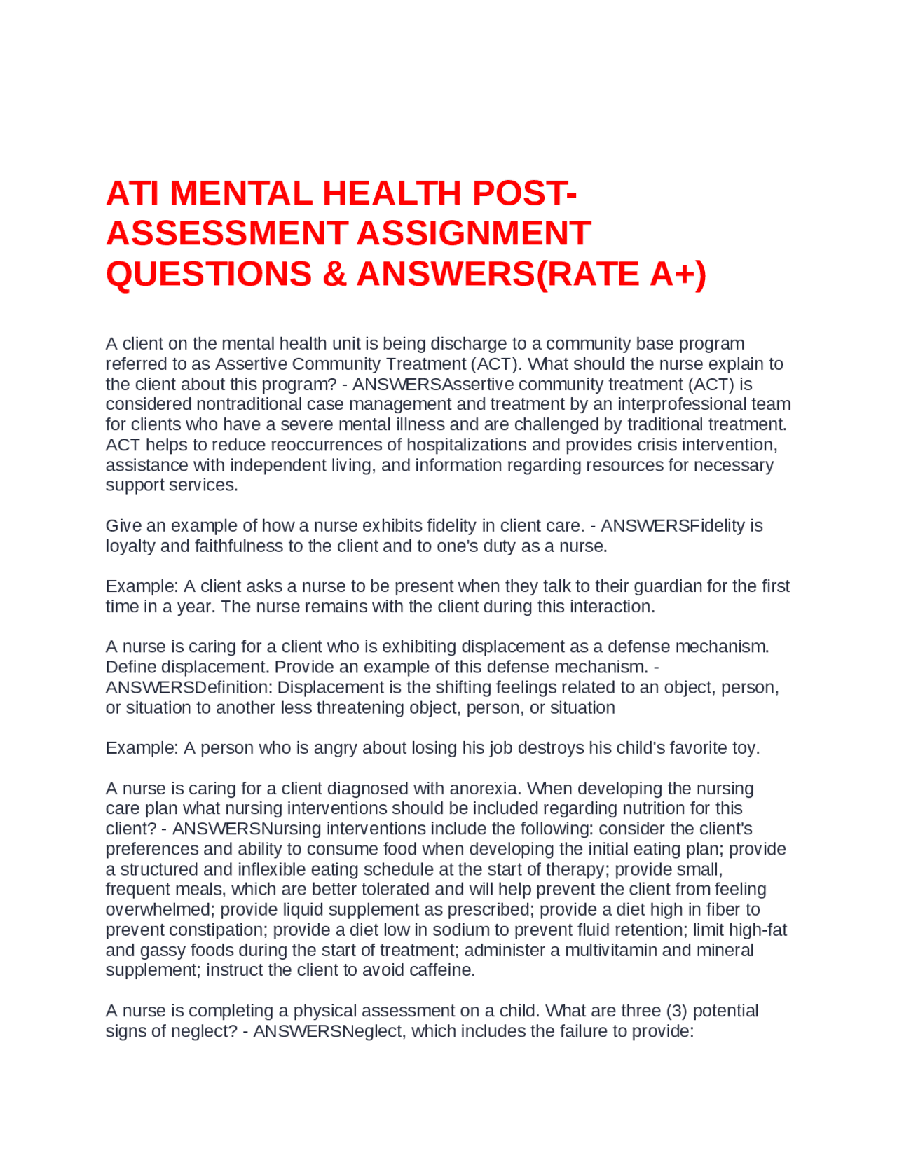 ATI MENTAL HEALTH POST-ASSESSMENT ASSIGNMENT QUESTIONS & ANSWERS(RATE ...
