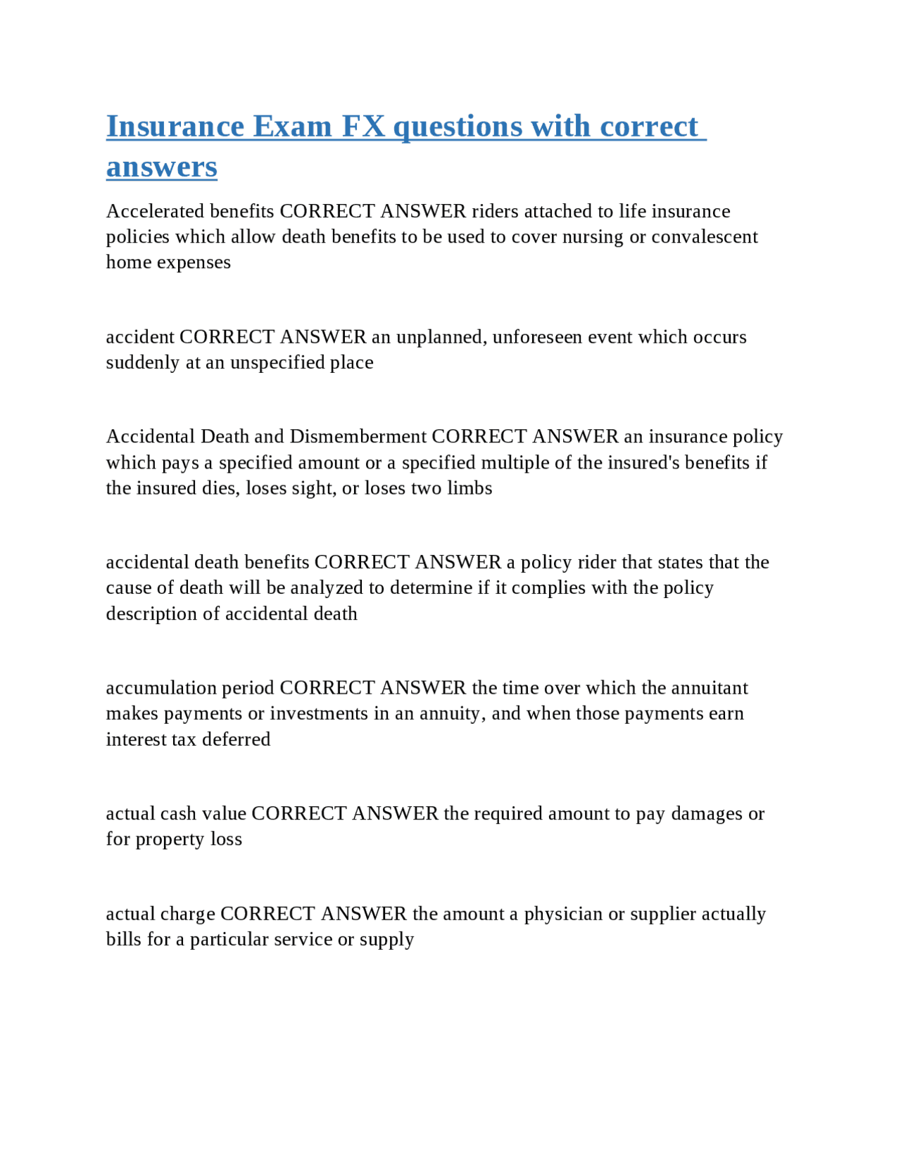 Insurance Exam FX questions with correct answers | Exams Insurance law ...