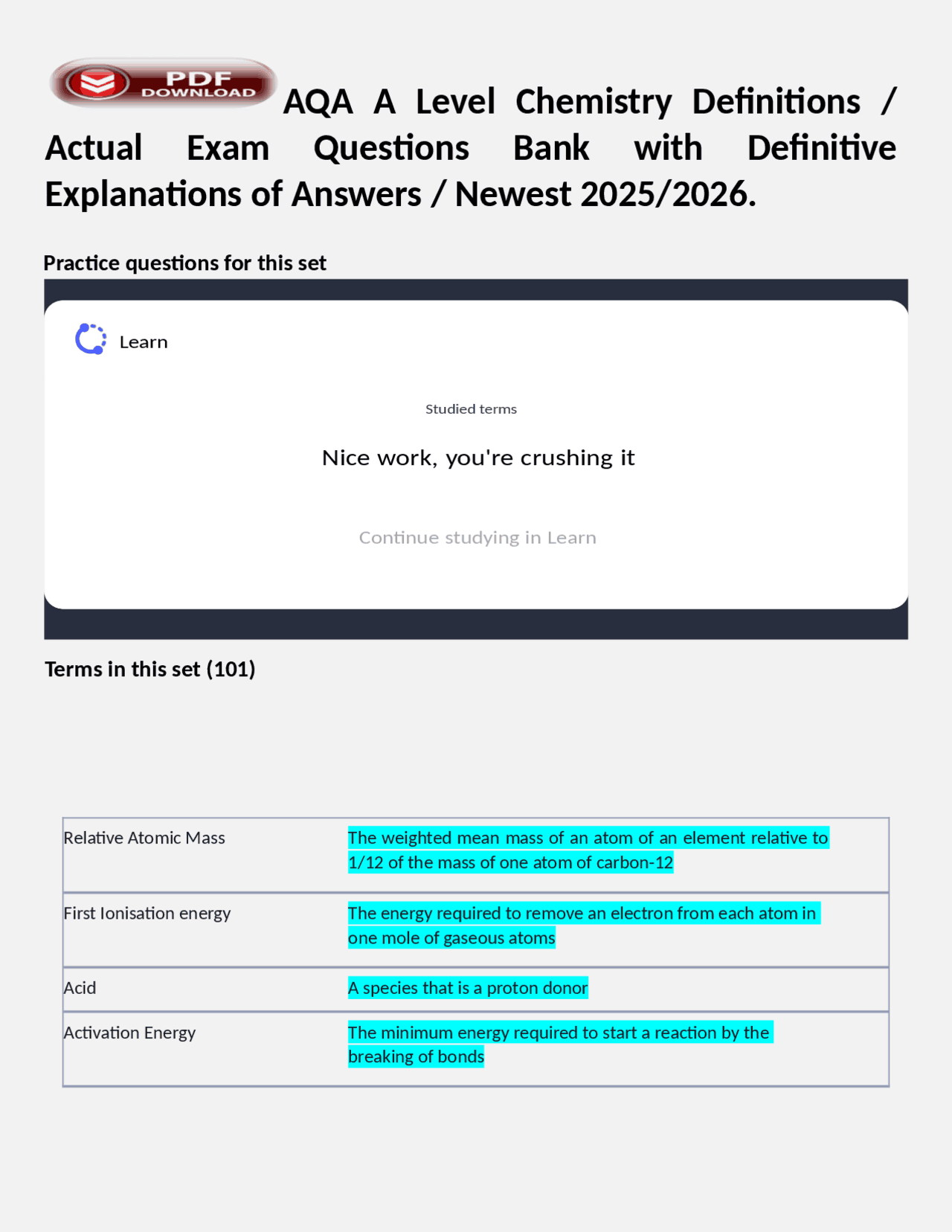 AQA A Level Chemistry Definitions and Practice Questions: 2025/2026 | Exams Chemistry | Docsity
