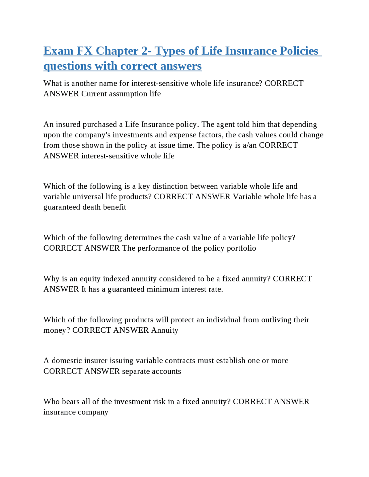 Exam FX Chapter 2- Types of Life Insurance Policies questions with ...