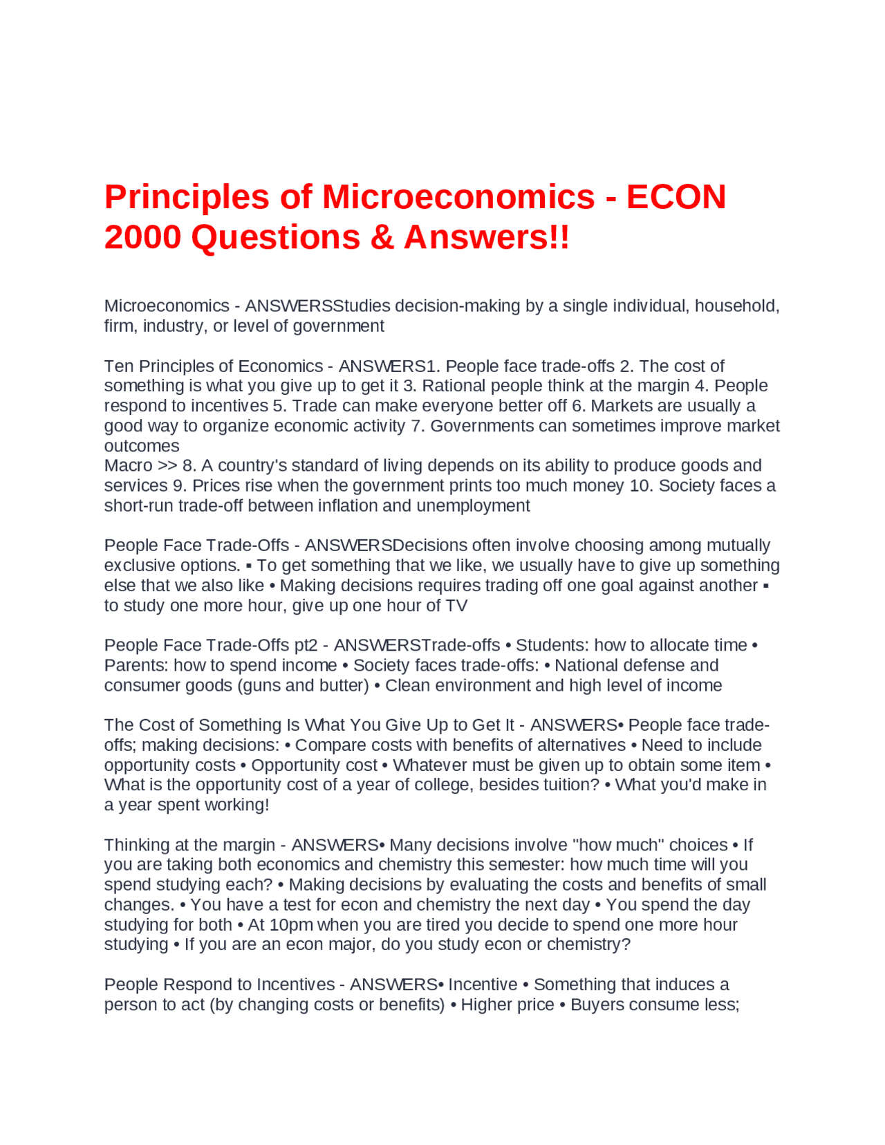 Principles of Microeconomics - ECON 2000 Questions & Answers!! | Exams Microeconomics | Docsity