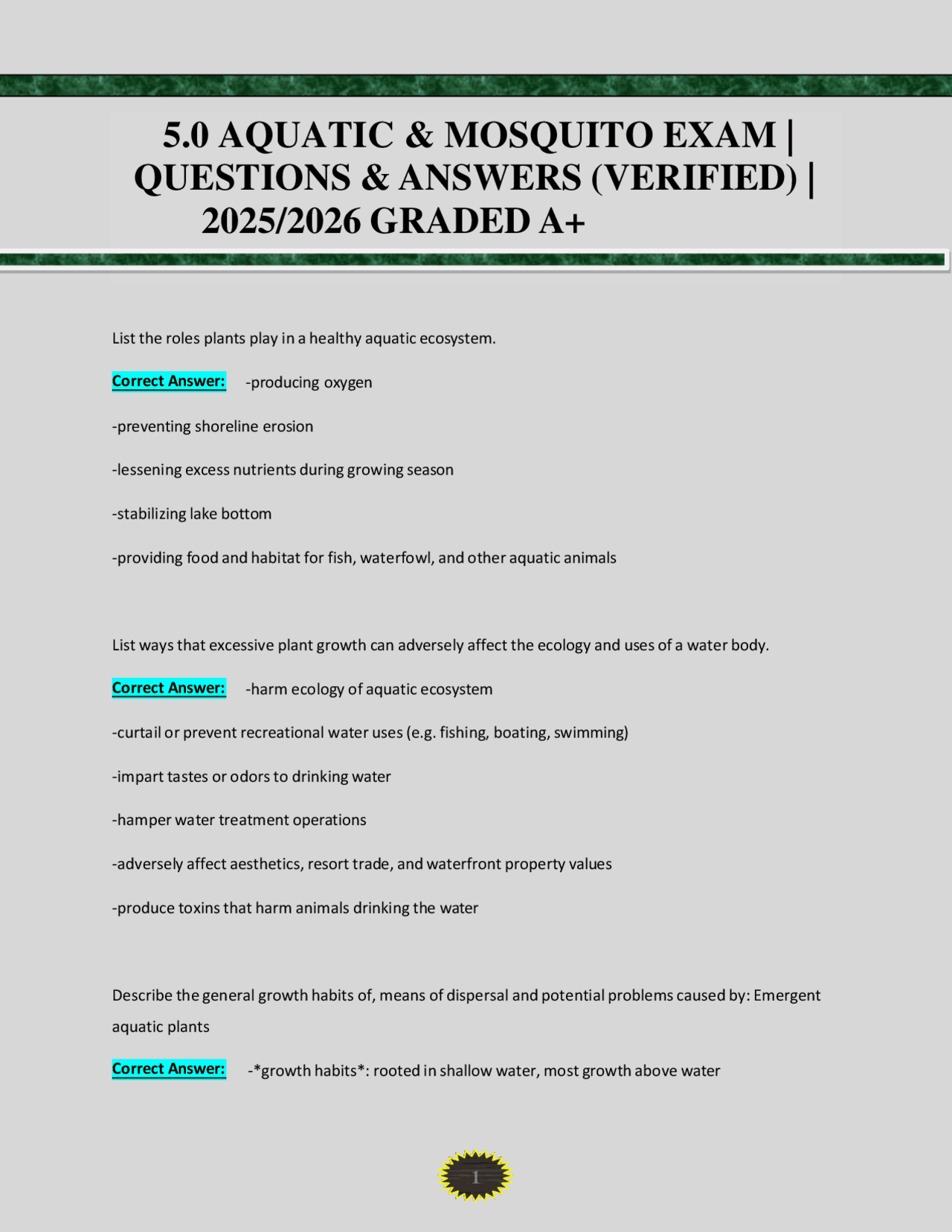 5.0 AQUATIC & MOSQUITO EXAM | QUESTIONS & ANSWERS (VERIFIED) | 2025/ ...