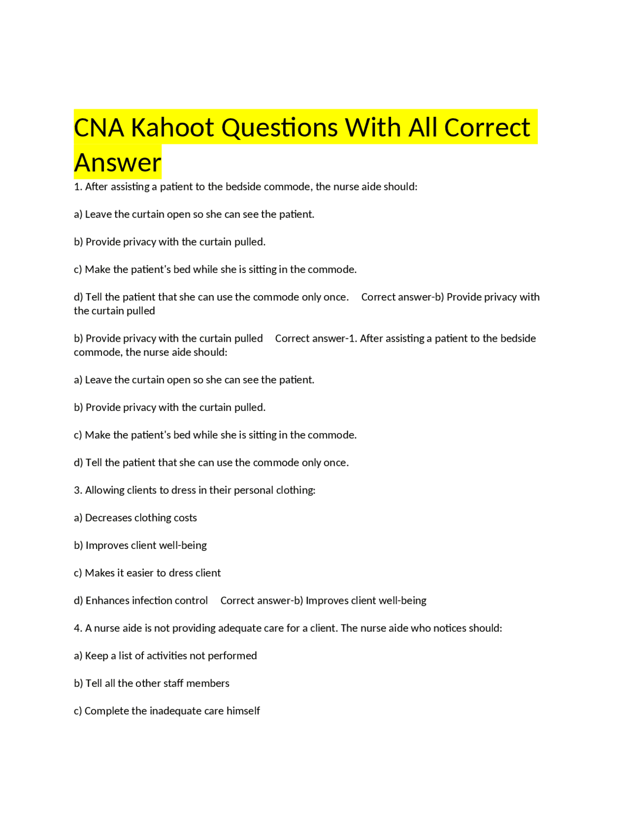 CNA Kahoot Questions With All Correct Answer | Exams Public Health ...