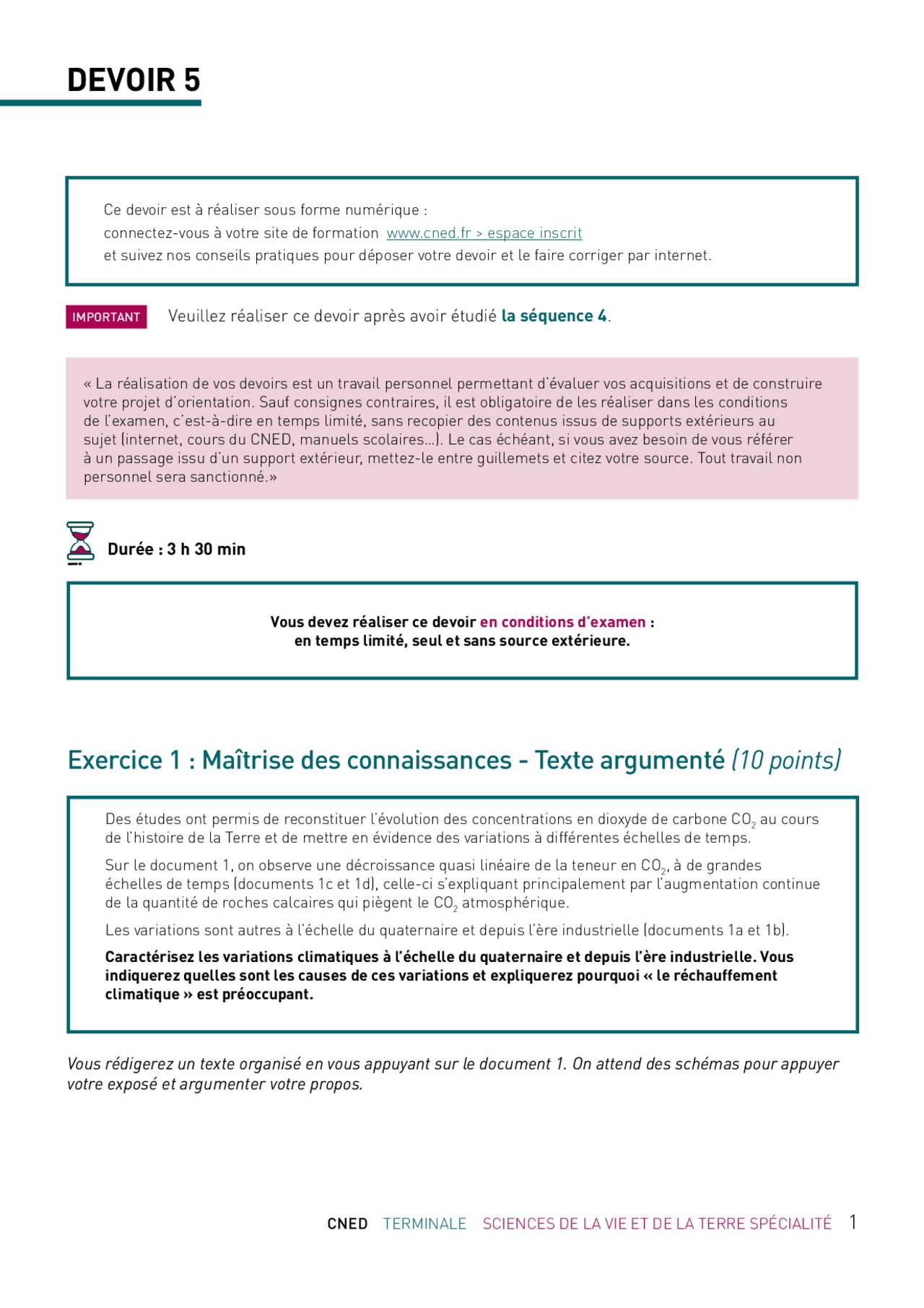 devoir 5 svt cned 2025 | Exams Environmental science | Docsity