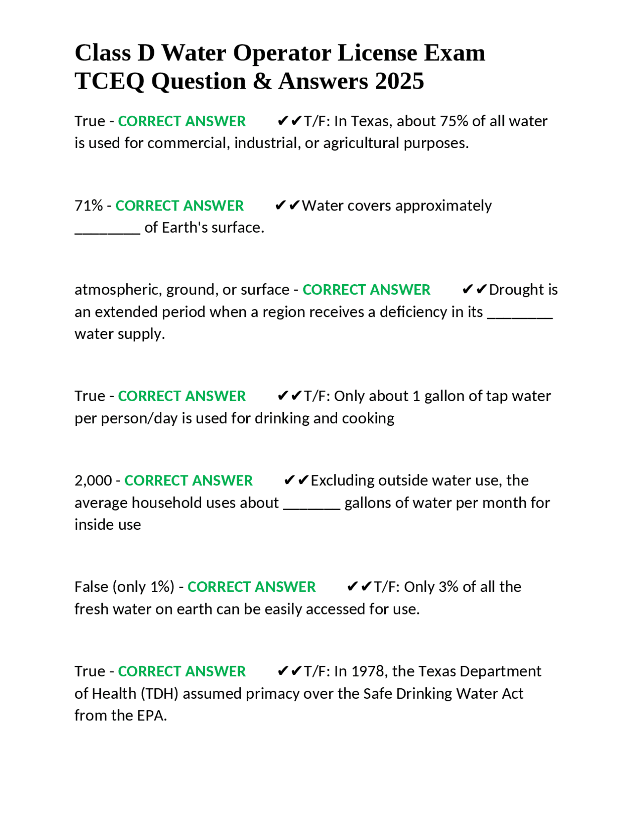 Class D Water Operator License Exam: TCEQ Questions and Answers 2025 ...