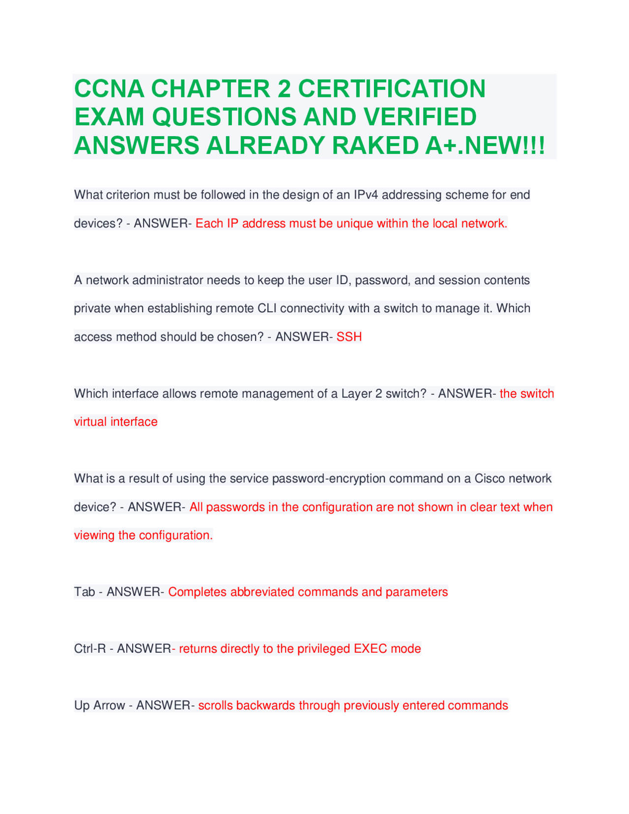 CCNA CHAPTER 2 CERTIFICATION EXAM QUESTIONS AND VERIFIED ANSWERS ALREADY RAKED A+.NEW!!! | Exams ...