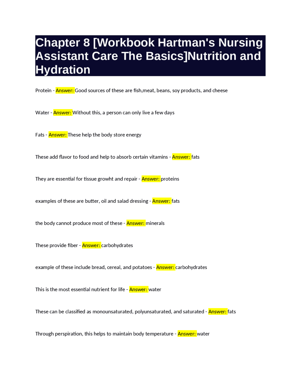 Chapter 8 [Workbook Hartman's Nursing Assistant Care The Basics ...