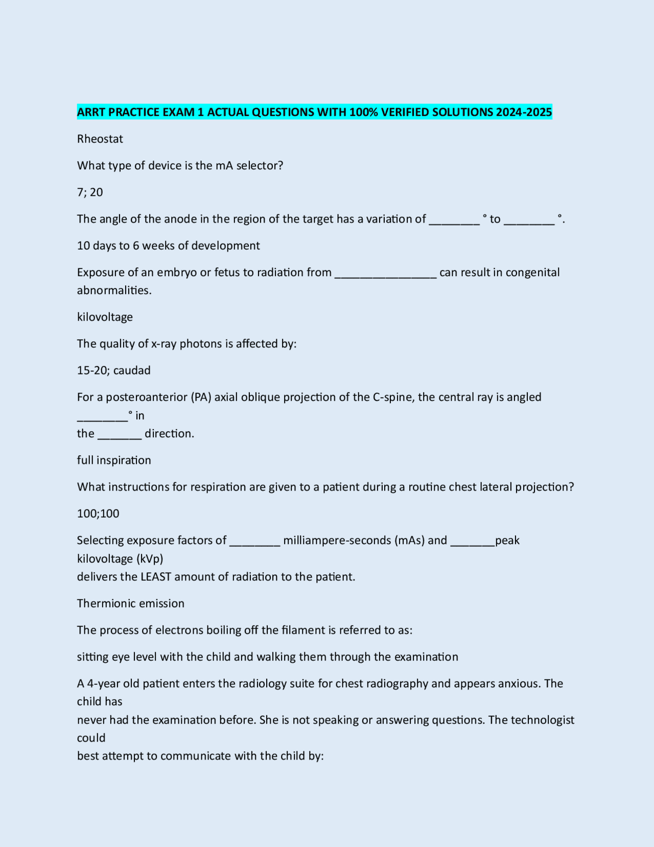 ARRT PRACTICE EXAM 1 ACTUAL QUESTIONS WITH 100% VERIFIED SOLUTIONS 2024 ...